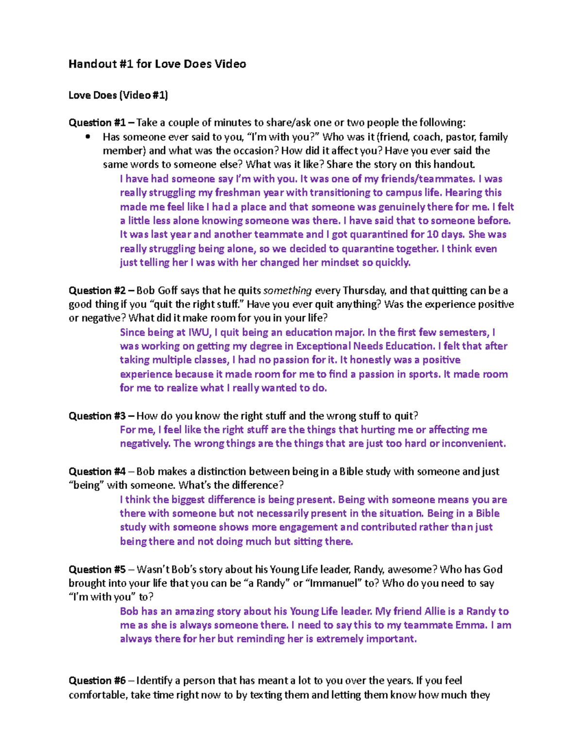 Video Assignments for Love Does #1 and #2 - Handout #1 for Love Does ...