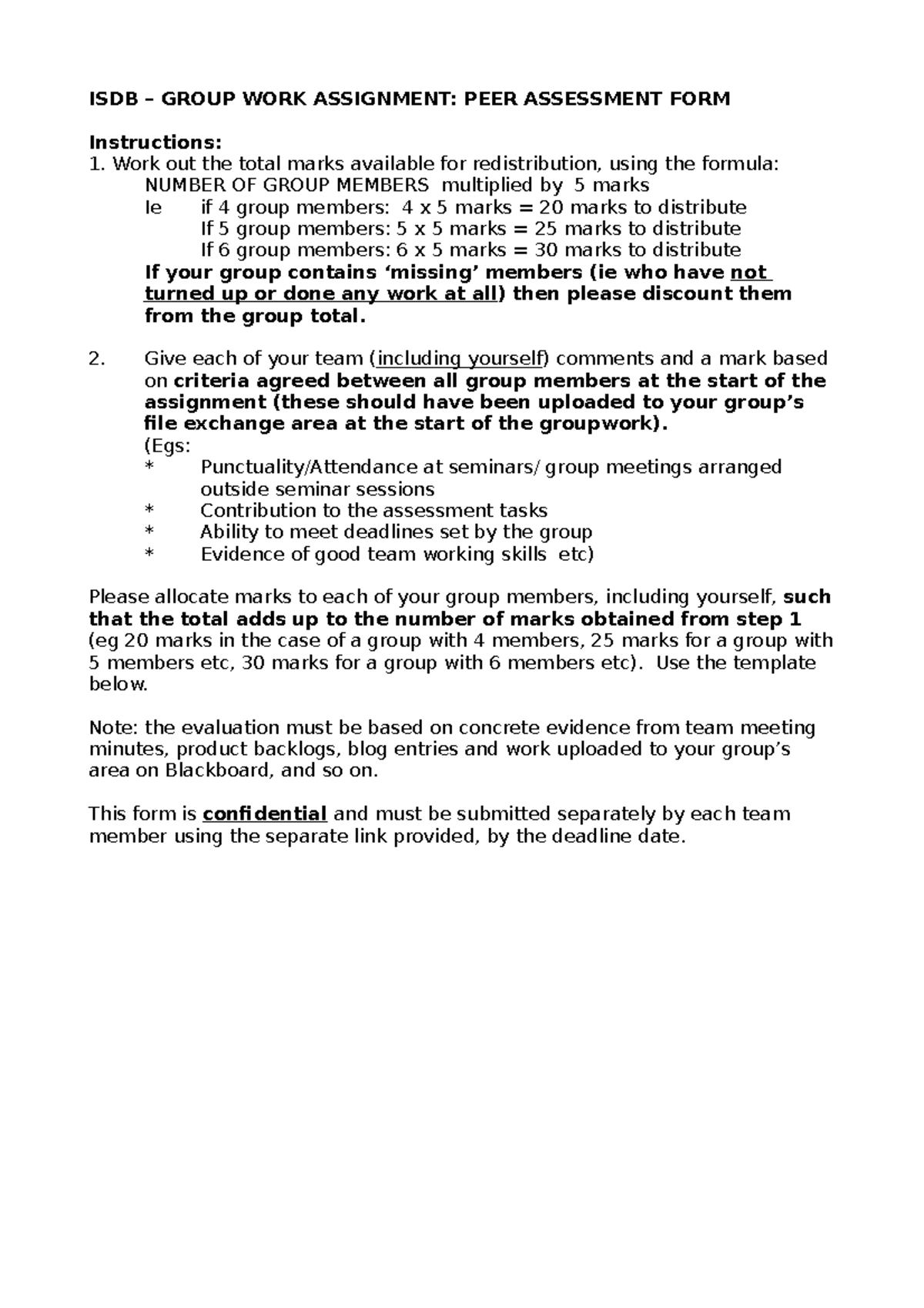 Peer Assessment Form ISDB - ISDB – GROUP WORK ASSIGNMENT: PEER ...