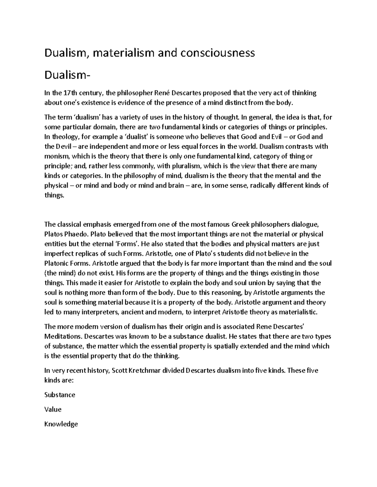 Dualism, materialism and consciousness - FIL-0700 - Studocu