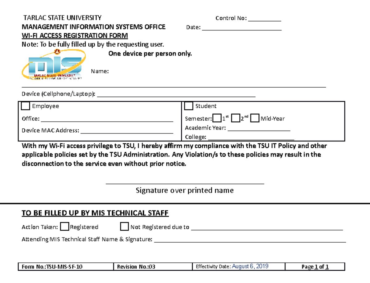 Tsu mis sf 10 wifi access registration form - TARLAC STATE UNIVERSITY ...