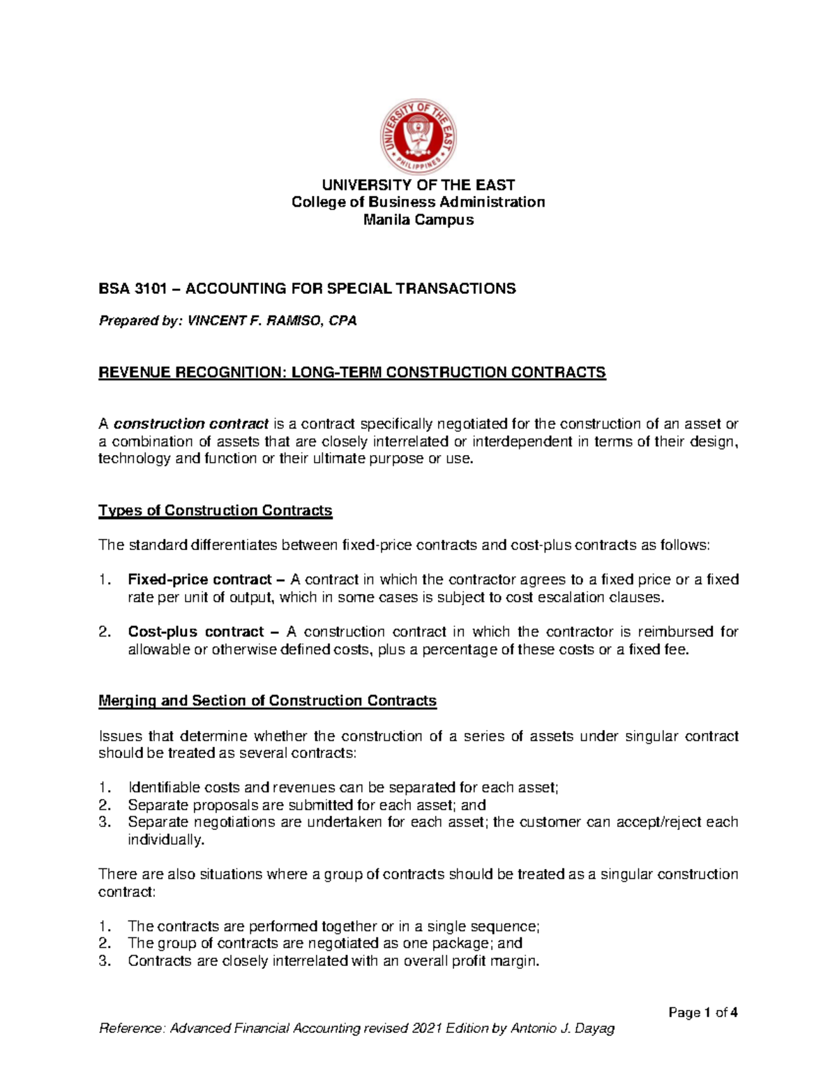 Revenue Recognition - Long-Term Construction Contracts - Page 1 of 4 UNIVERSITY OF THE EAST ...