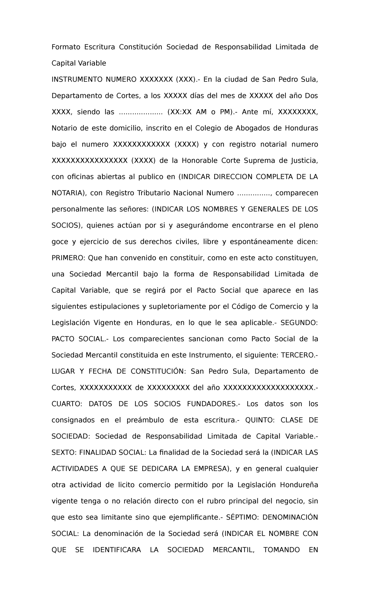 Formato Escritura Constitución Sociedad de Responsabilidad Limitada de Capital Variable ...