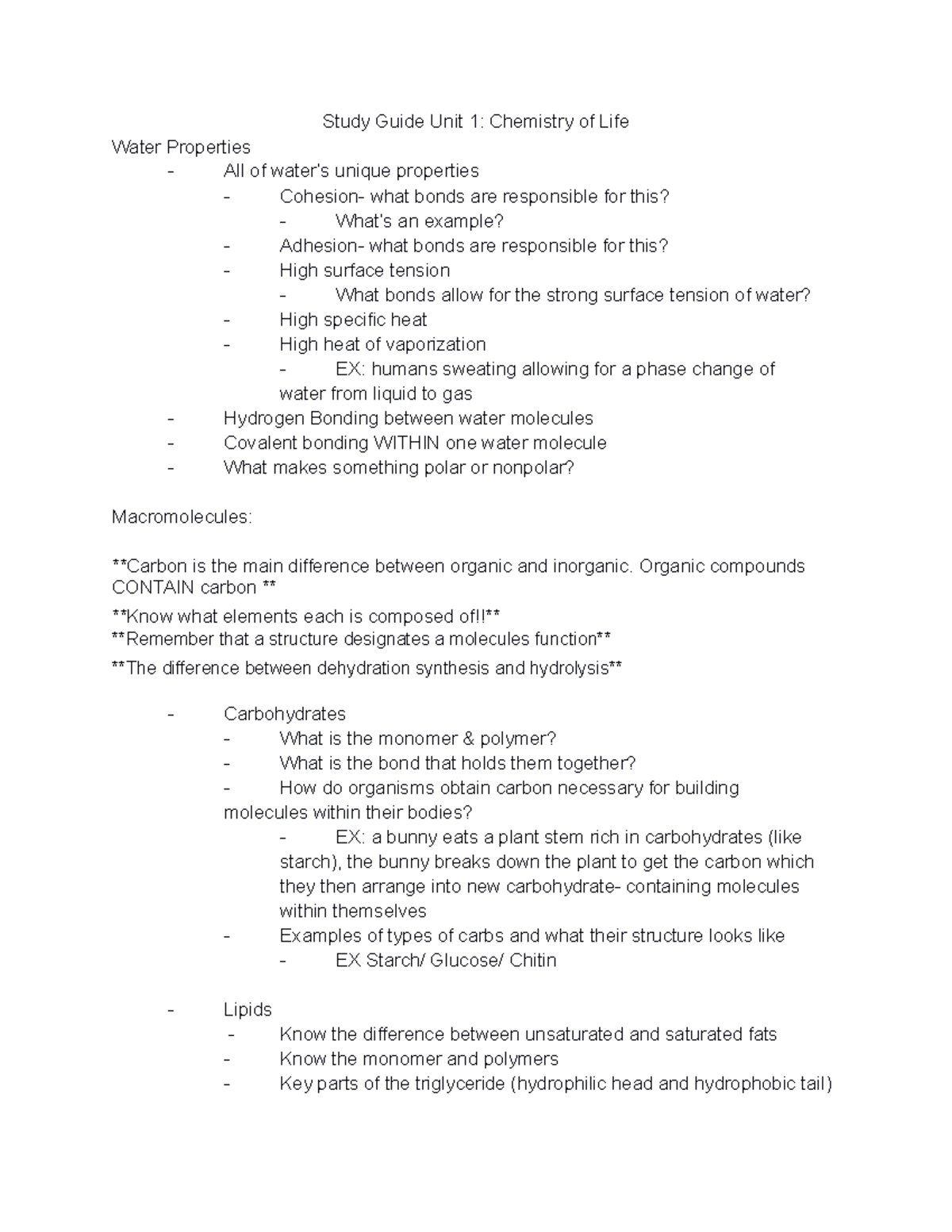 Study Guide Unit 1 Chemistry of Life - Organic compounds CONTAIN carbon ...
