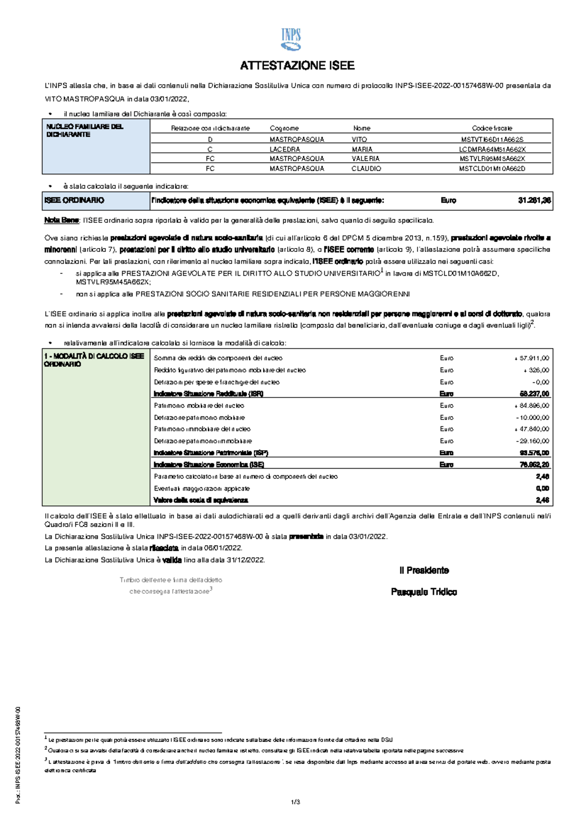 ISEE ATT CDFS Mstcld 01M10A662D - ATTESTAZIONE ISEE L'INPS attesta che ...