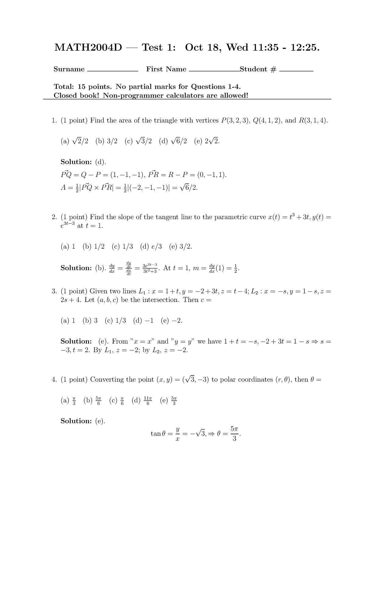 MATH2004 D-Test1-Sol - test sol - MATH2004D — Test 1: Oct 18, Wed 11:35 ...
