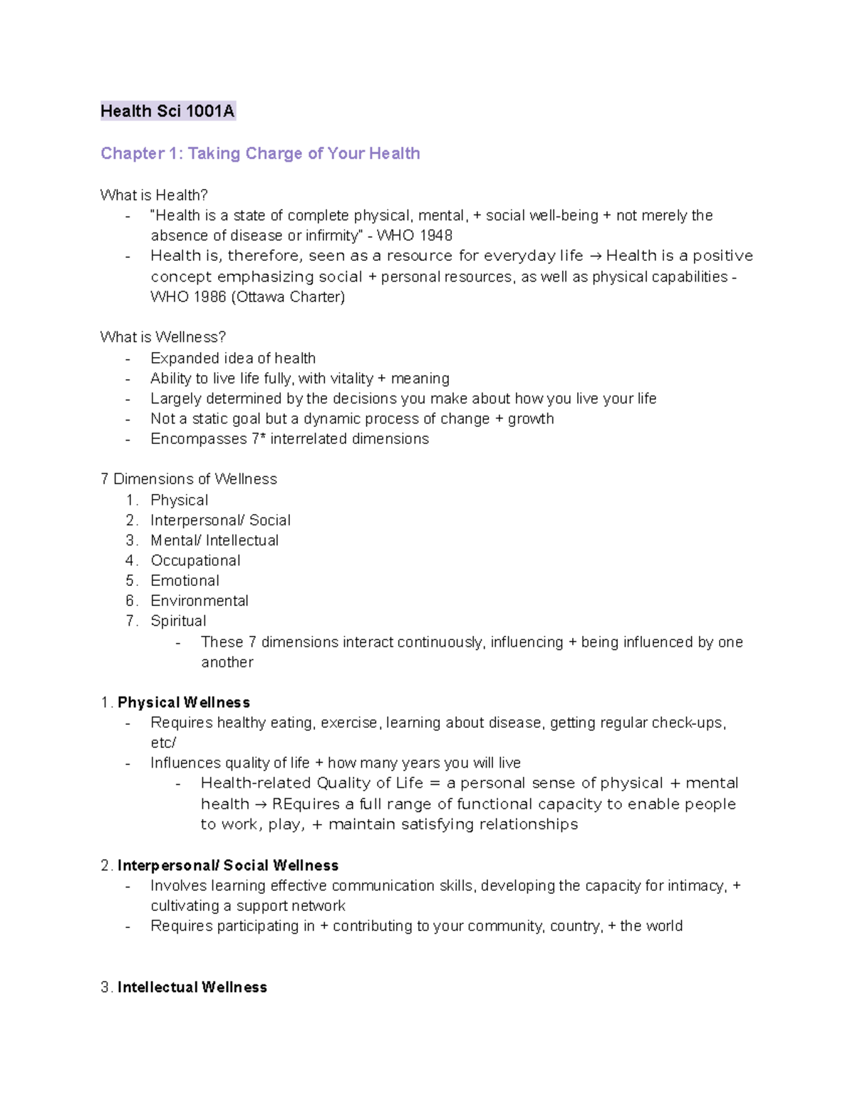 Health Sci 1001 lecture notes. - Health Sci 1001A Chapter 1: Taking ...