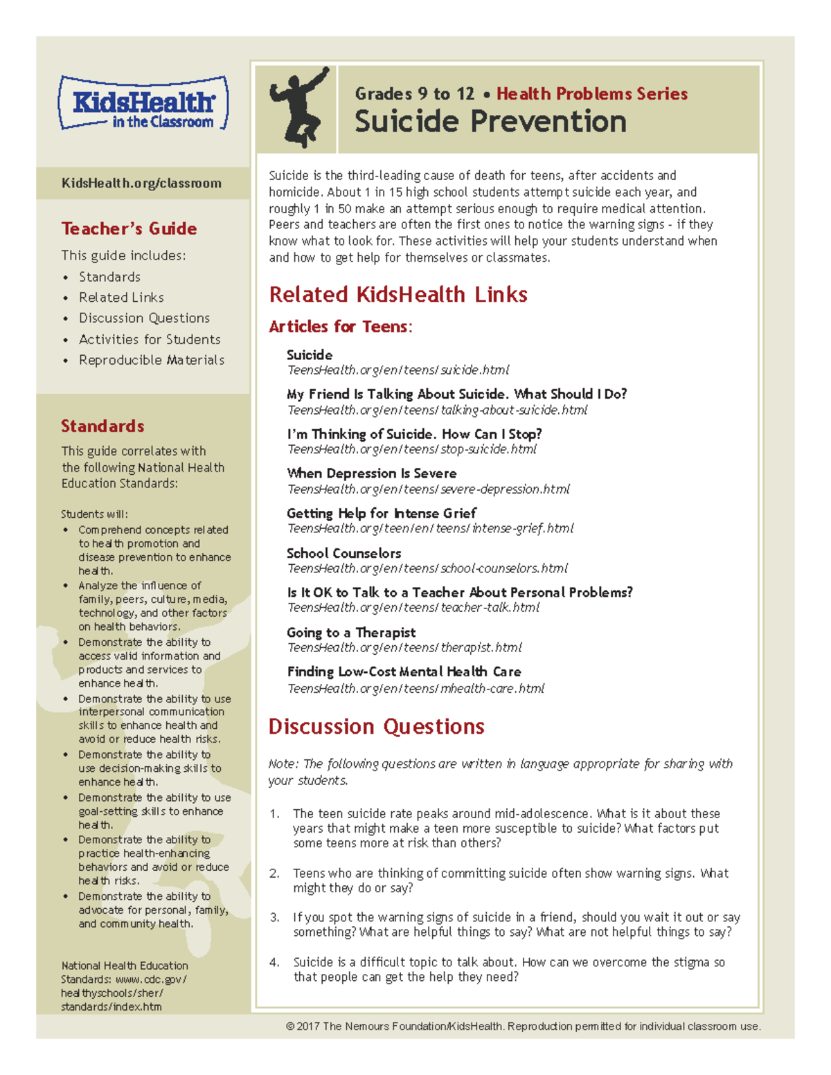 Teacher's Guide Suicide (Grades 9 to 12) - KidsHealth/classroom Grades ...
