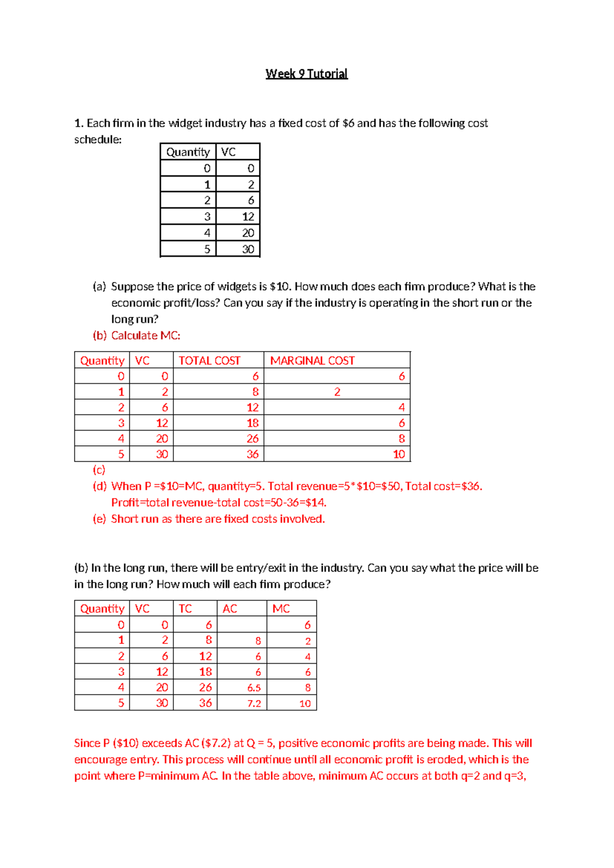 Week 9 tutorial - Week 9 Tutorial 1. Each firm in the widget industry has a fixed cost of $6 and ...
