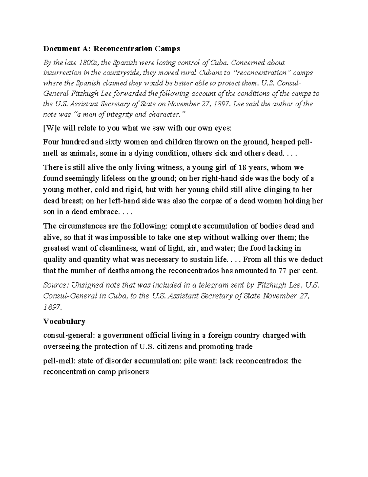 Span American War Docs DBQ - Document A: Reconcentration Camps By the ...