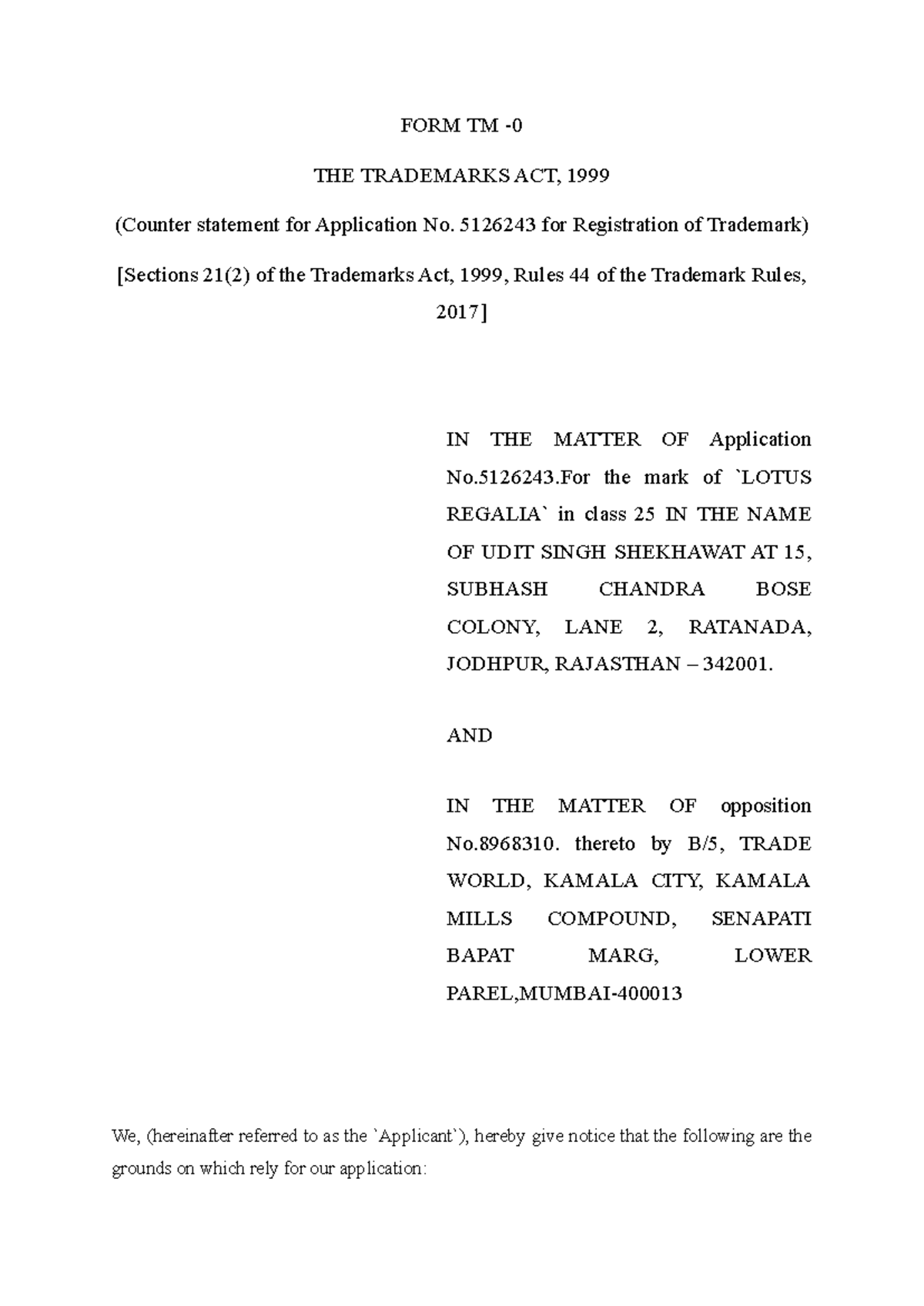 Counter statement - FORM TM - THE TRADEMARKS ACT, 1999 (Counter ...