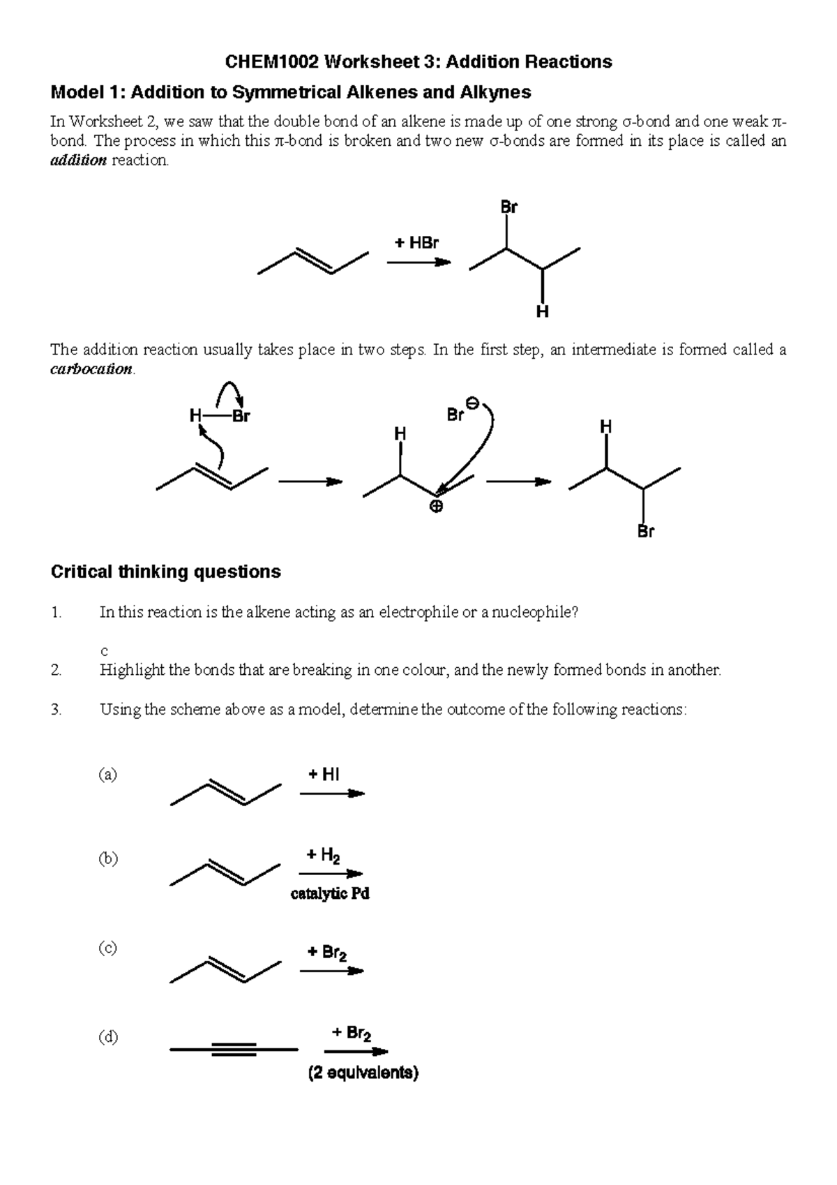 Ws3 - test - CHEM1 0 02 Worksheet 3: Addition Reactions Model 1 ...