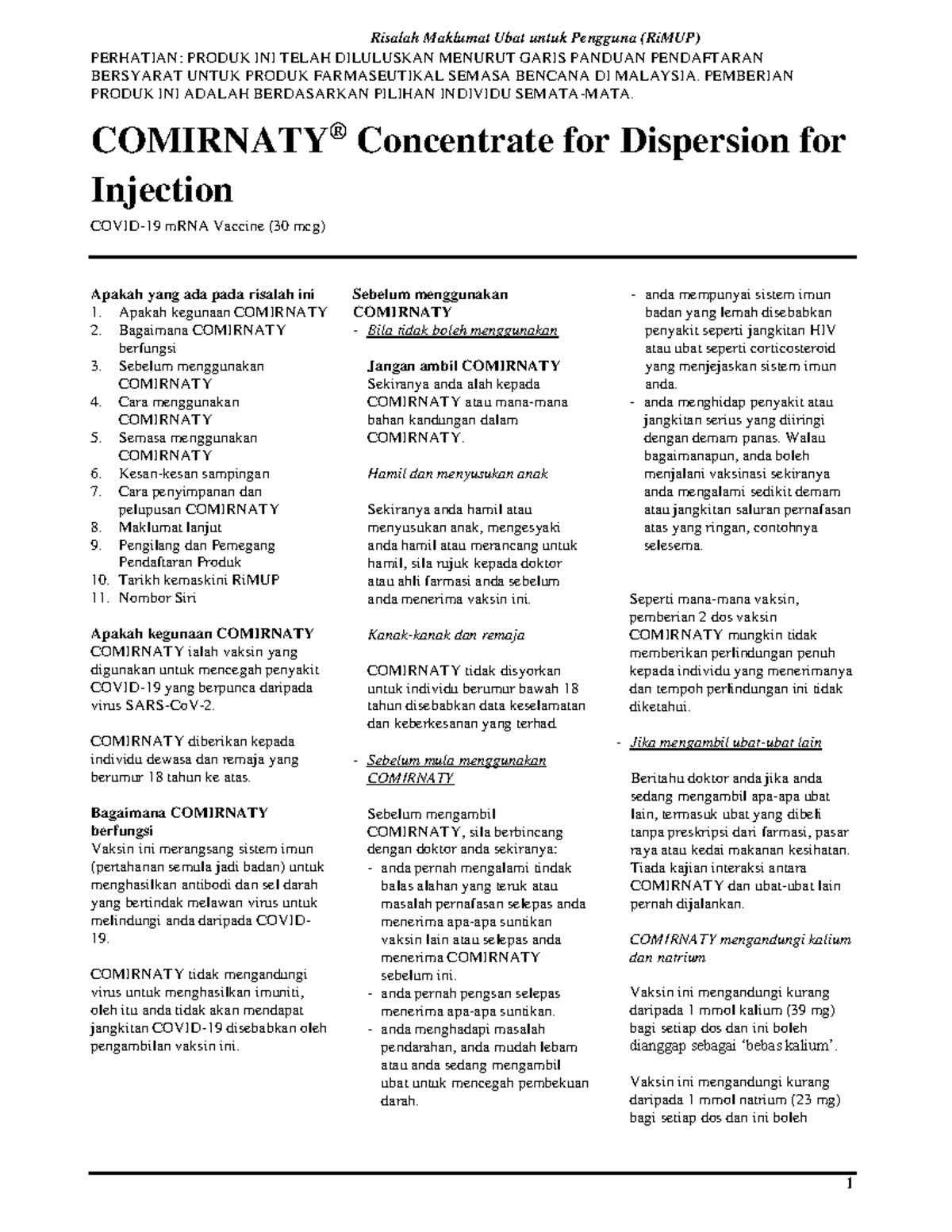 Maklumat Cominarty - Lecture notes 1 - PERHATIAN: PRODUK INI TELAH ...