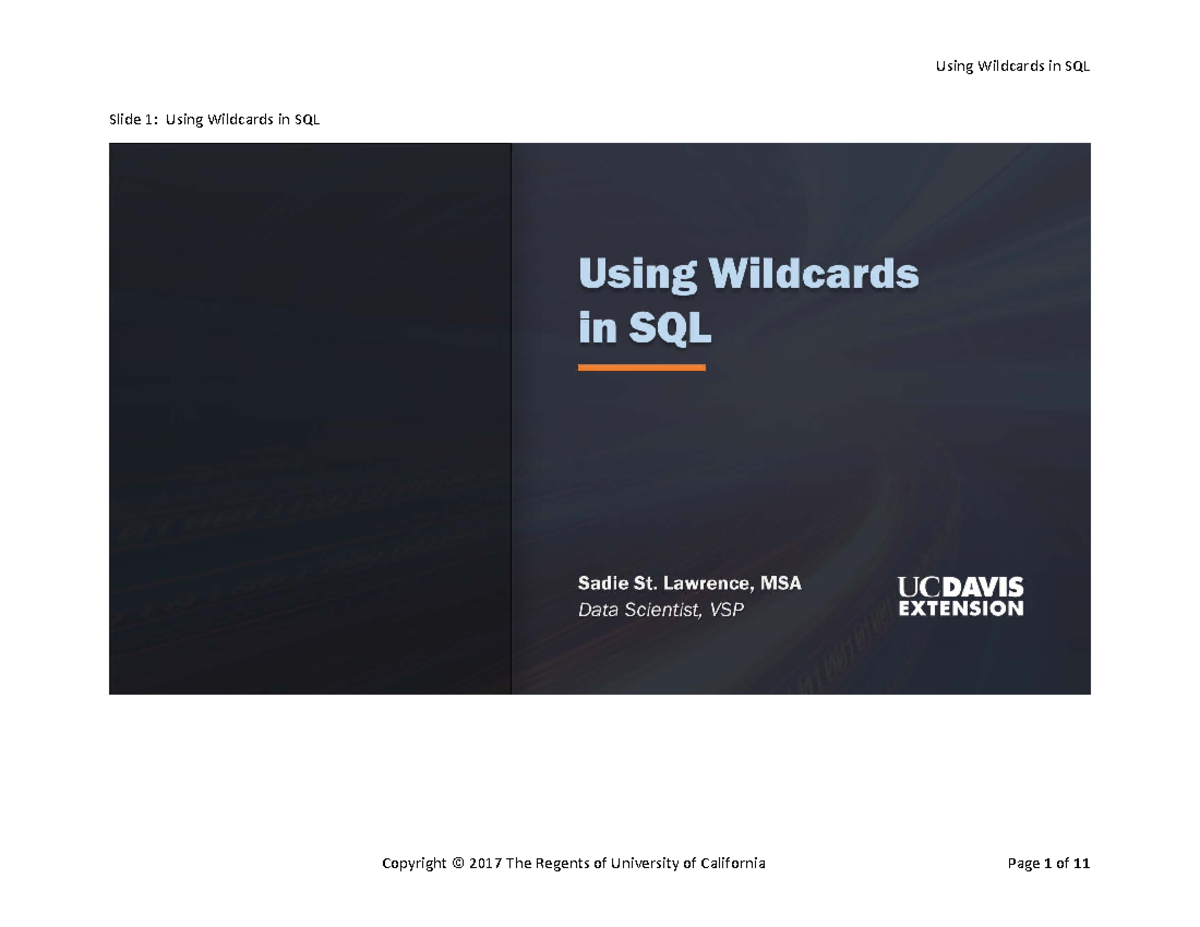Using Wildcards In Sql Database Systems Slide 1 Using Wildcards In Sql Slide 2 Learning