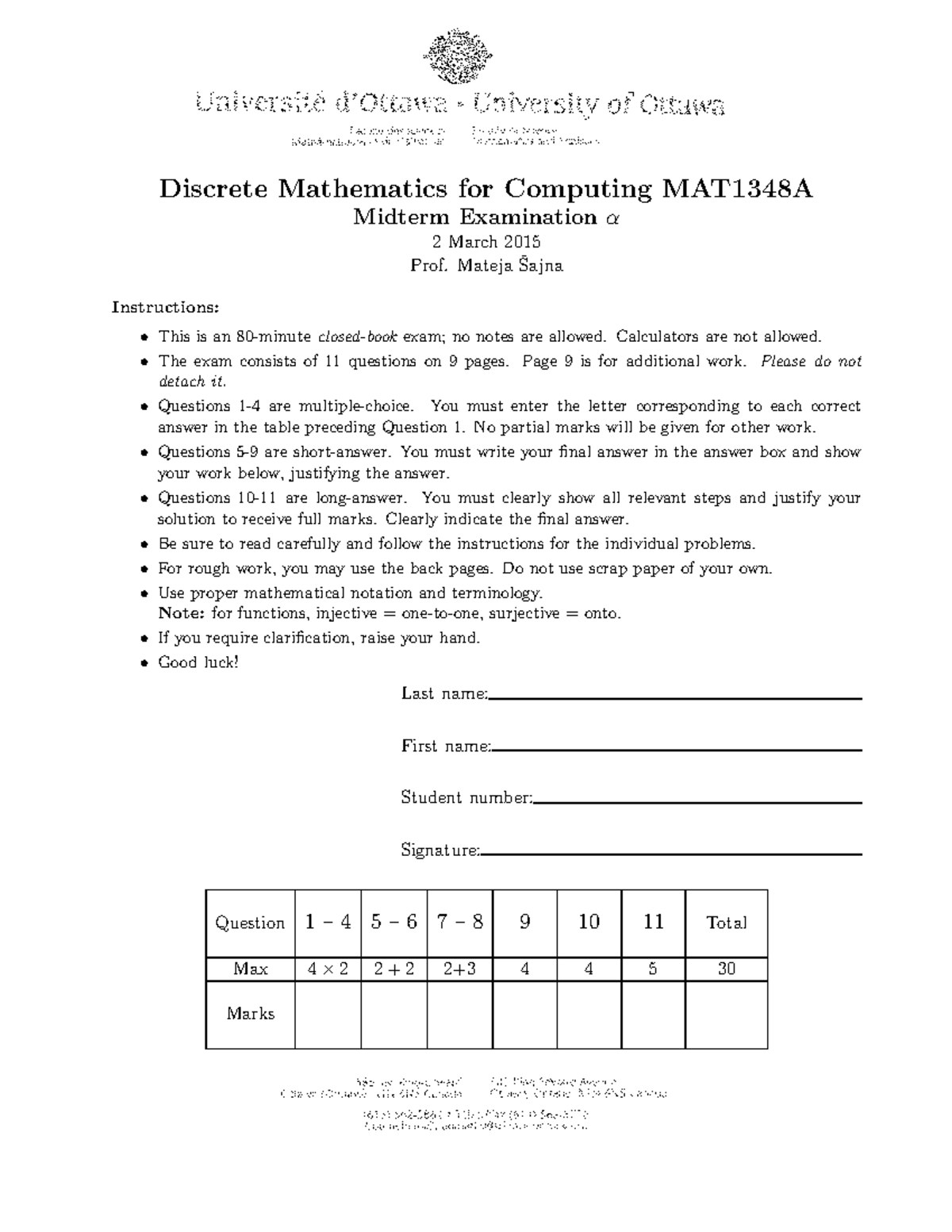 Midterm 15 Assignment Discrete Mathematics For Computing Mat1348a Midterm Examination α 2