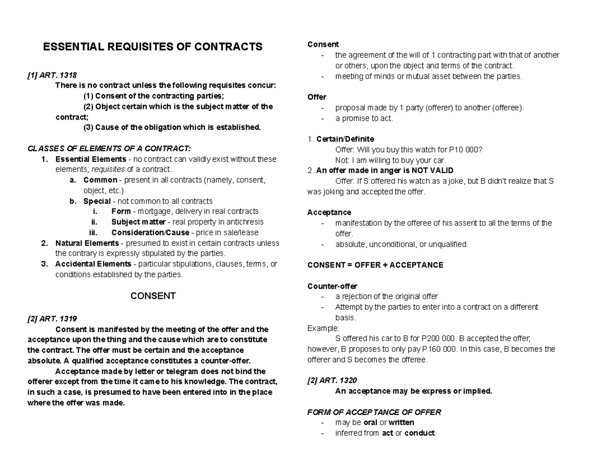 Obligations and Contracts - Consent - ESSENTIAL REQUISITES OF CONTRACTS ...