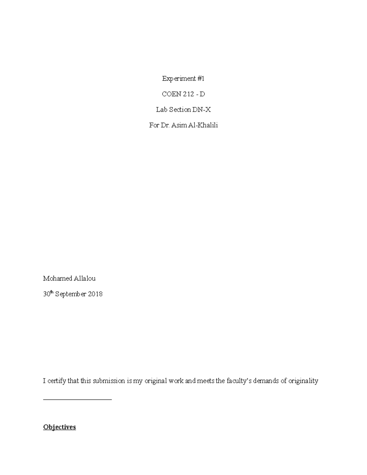 Copy of Lab Report 1 - Lecture notes 1 - Experiment # COEN 212 - D Lab ...
