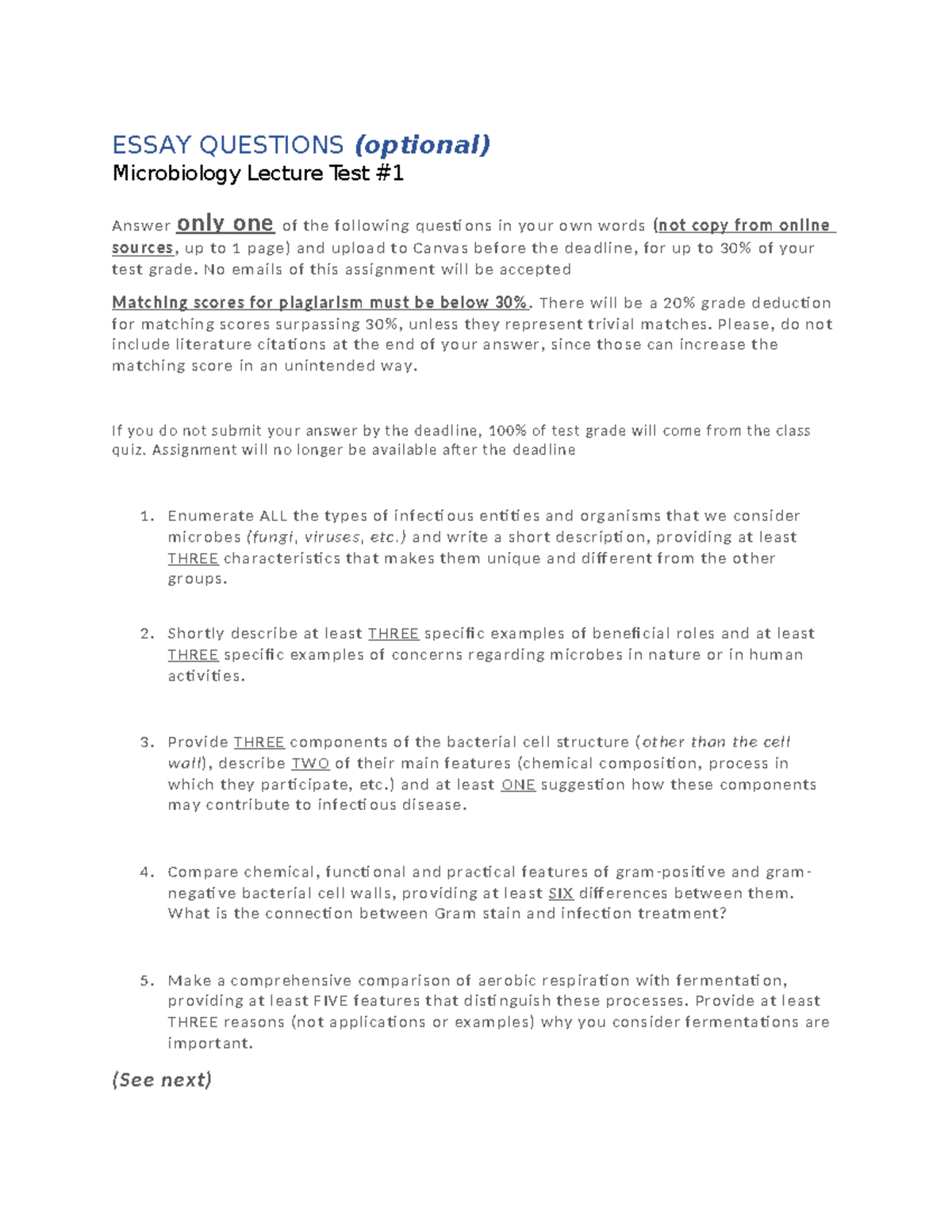 Microbiology Lecture Test: Essay Questions and Guidelines - ESSAY ...