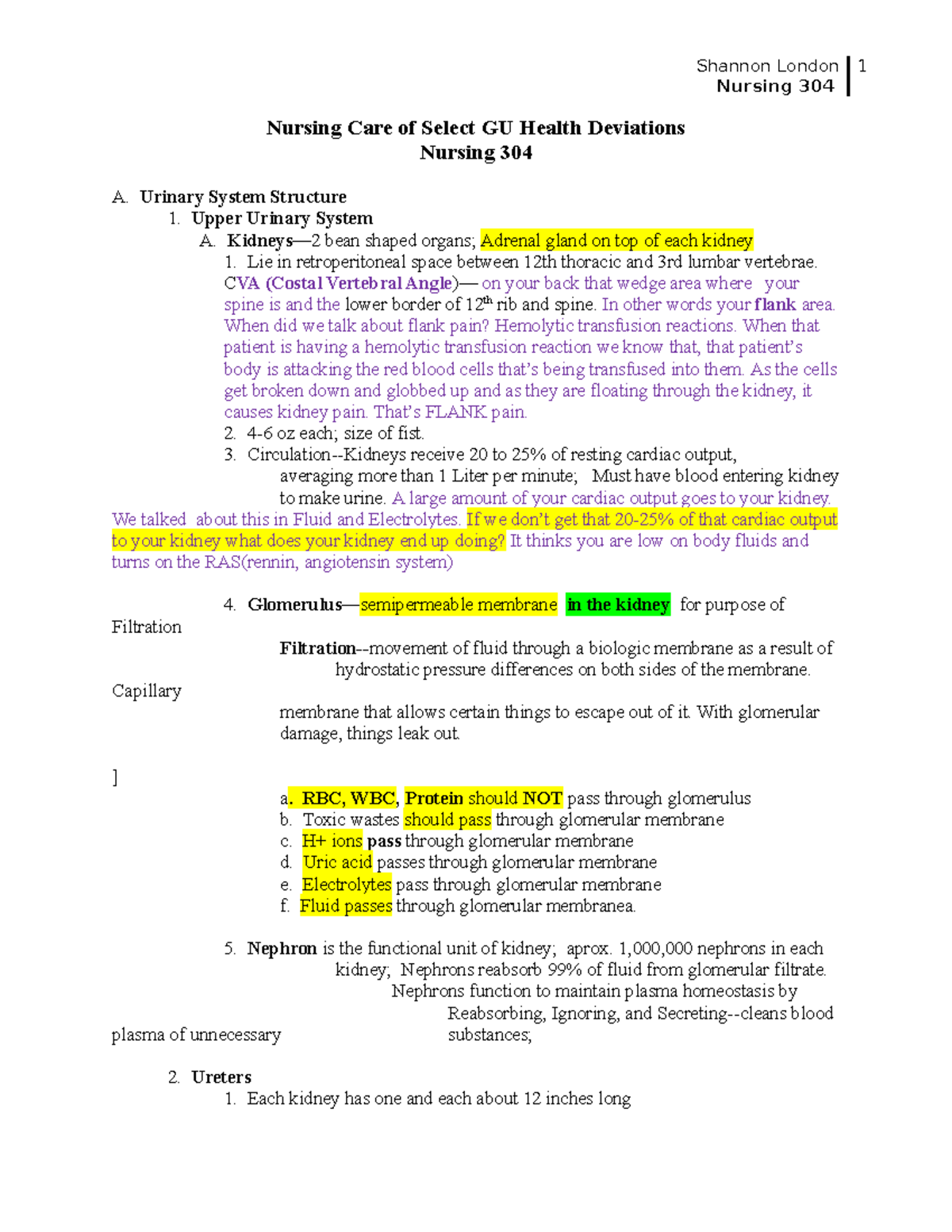 GU Outline SAL - Chapter test notes - Nursing 304 Nursing Care of ...