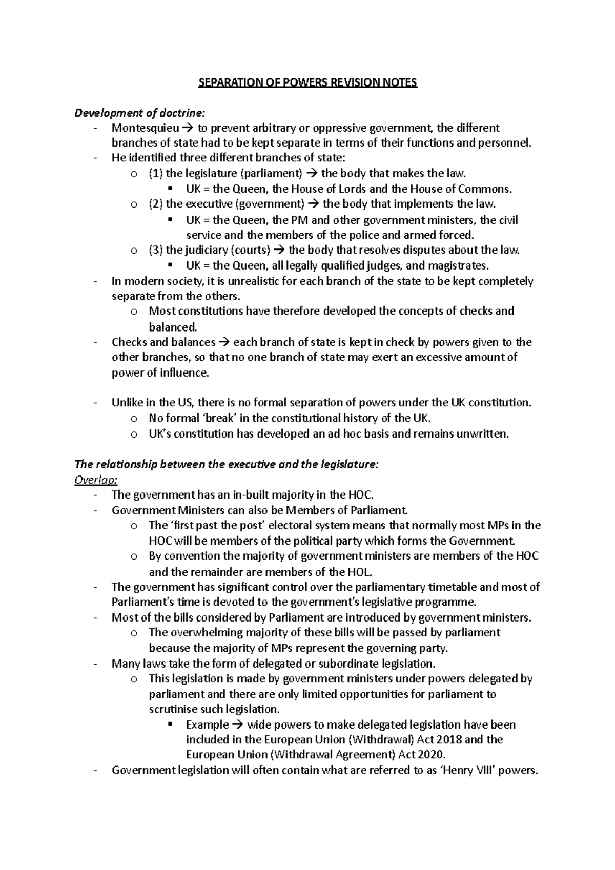 Separation of Powers Revision Notes - SEPARATION OF POWERS REVISION ...