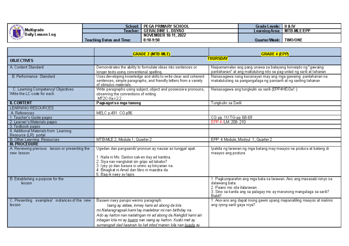 Epp - none - Multigrade Daily Lesson Log School: PEGA PRIMARY SCHOOL ...