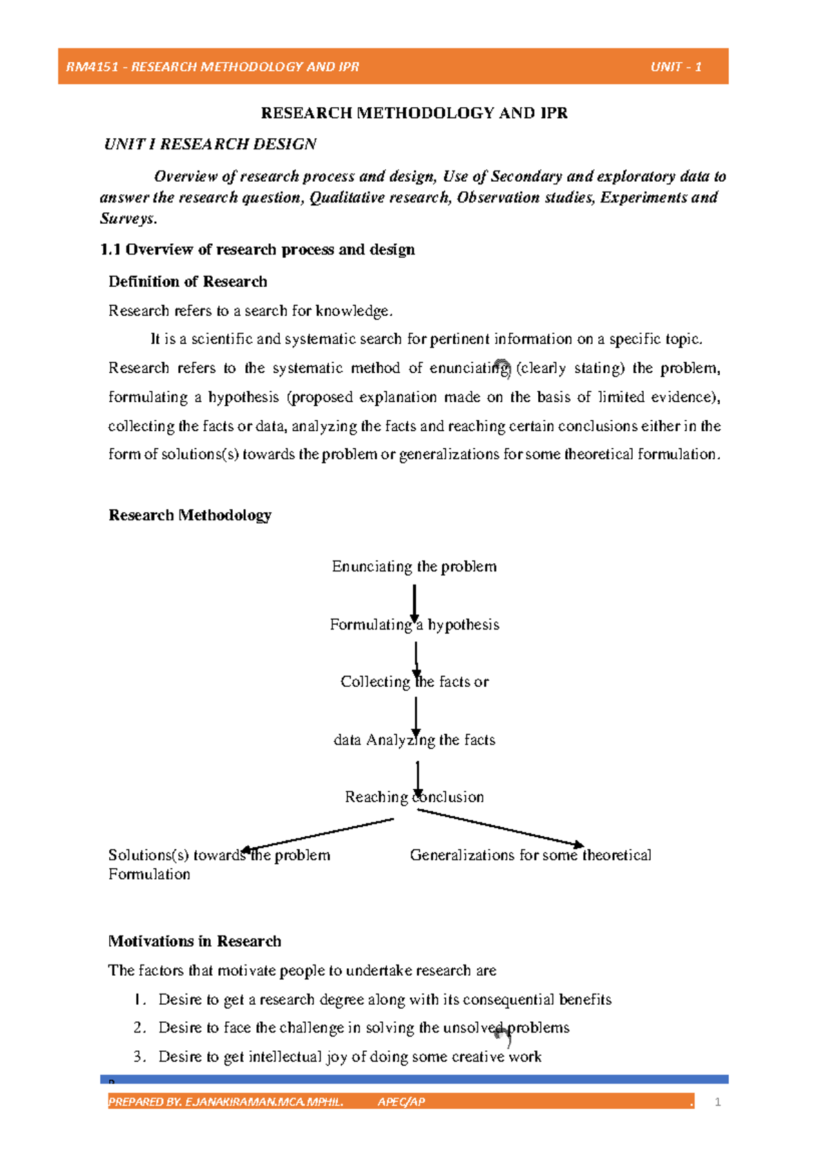 Research Design Andipr - P RESEARCH METHODOLOGY AND IPR UNIT I RESEARCH ...