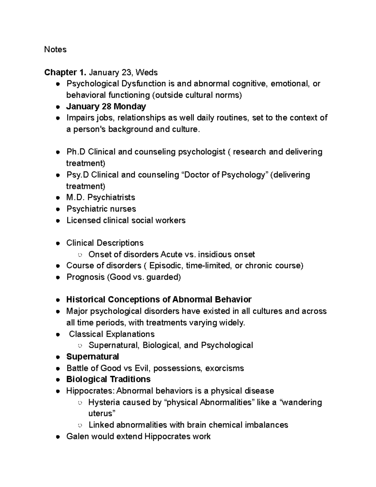 Class Notes for Chapters 1-4 of Abnormal Psychology - Notes Chapter 1 ...
