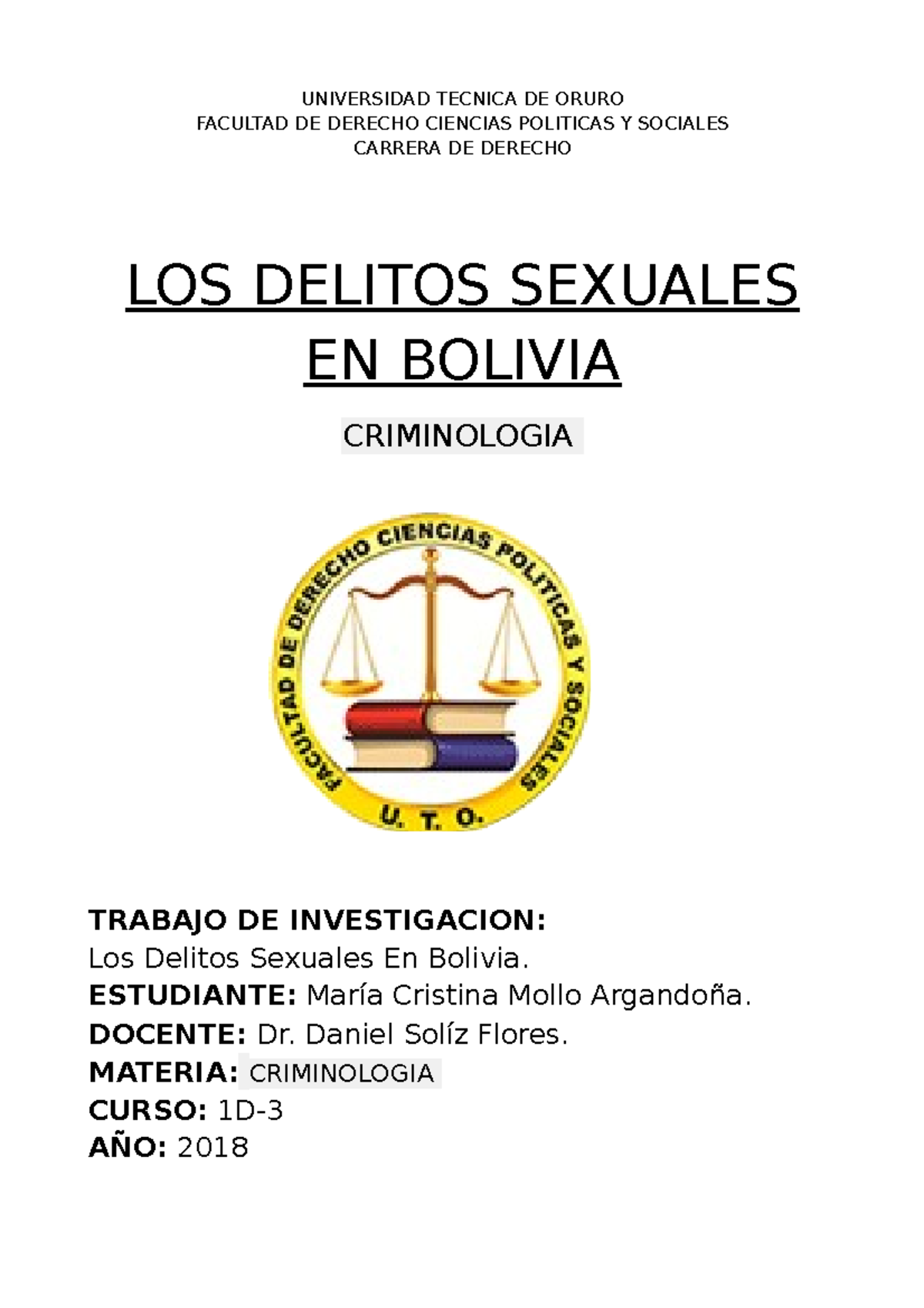Los Delitos Sexuales en Bolivia - FACULTAD DE DERECHO CIENCIAS POLITICAS Y SOCIALES CARRERA DE ...