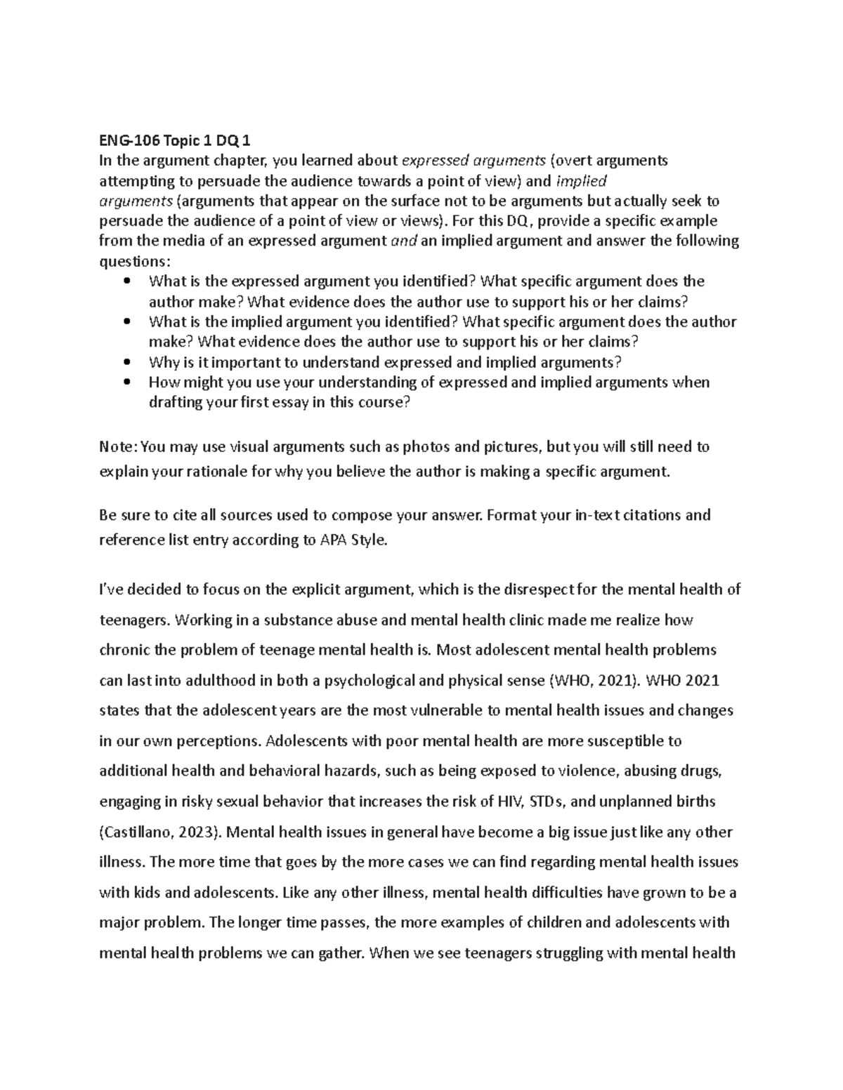 ENg-106 Topic 1 DQ 1 - ENG-106 Topic 1 DQ 1 In the argument chapter, you learned about expressed ...