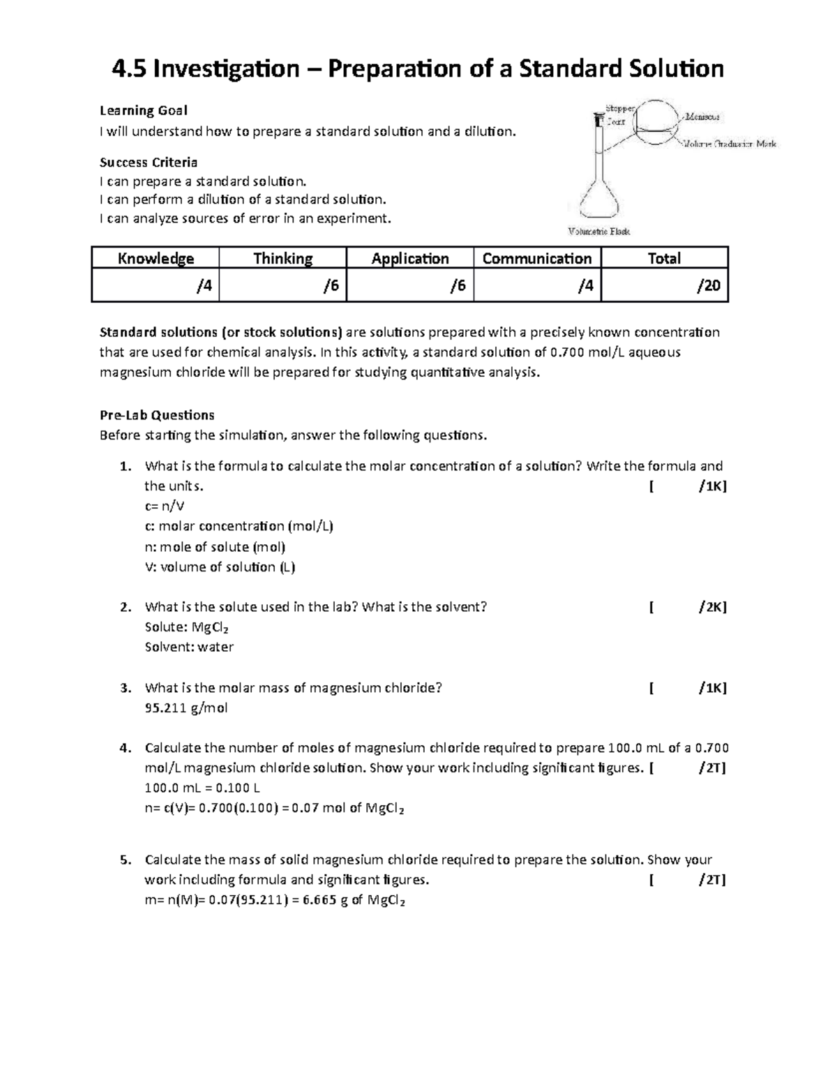 4.5 Investigation - Preparation of a Standard Solution - Learning Goal ...