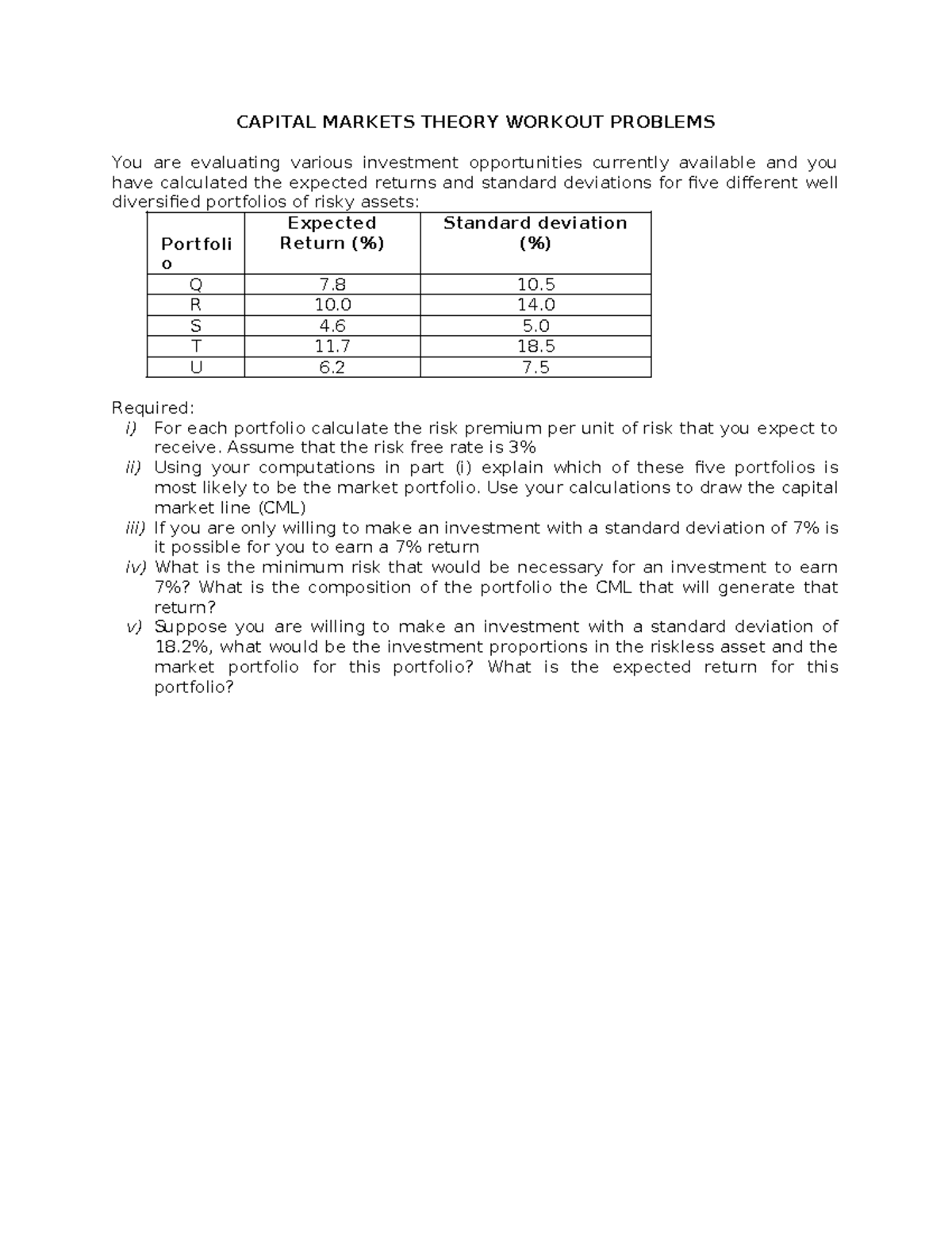 Capital Markets Theory Workout Problem - CAPITAL MARKETS THEORY WORKOUT ...