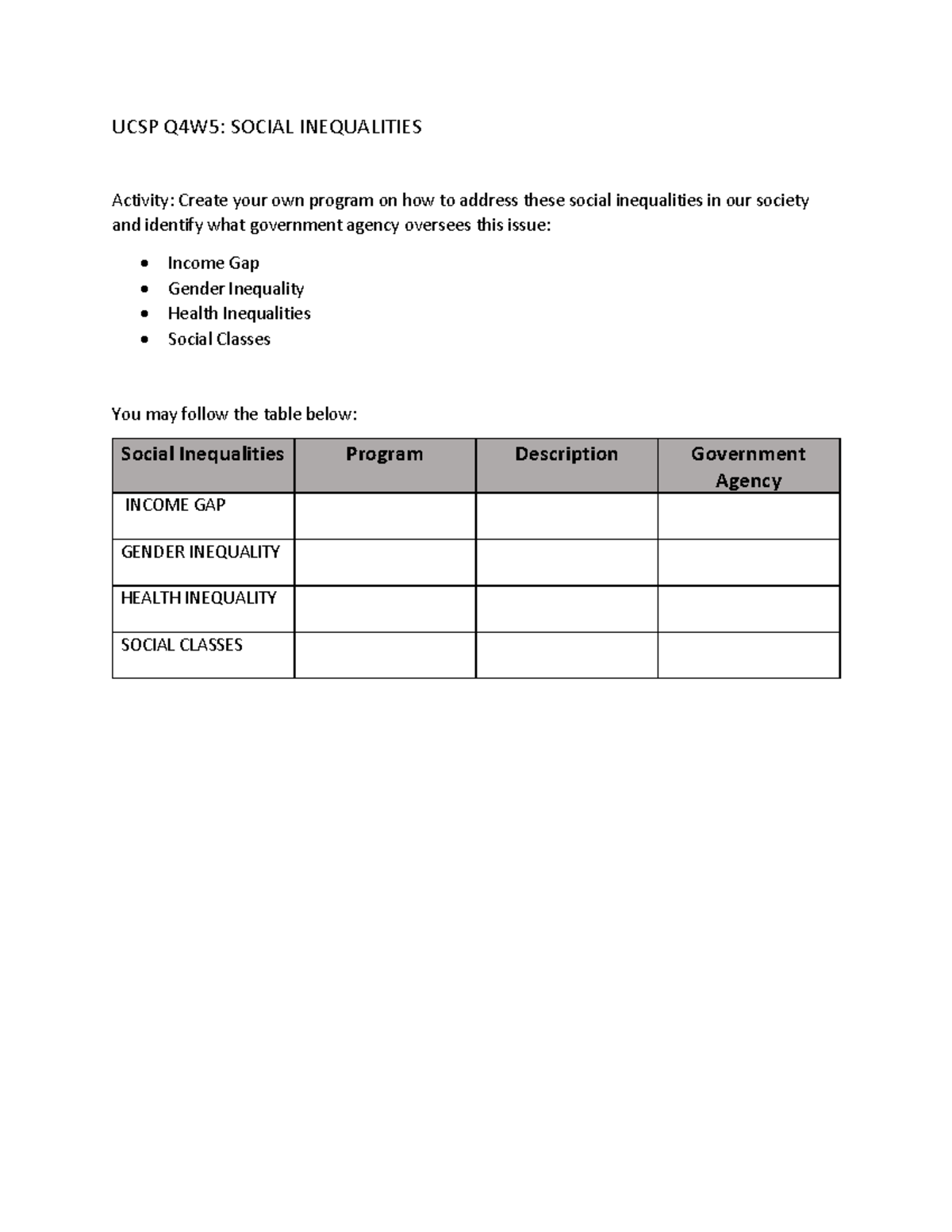 Activity on Social Inequalities - Social Psychology - UCSP Q4W5: SOCIAL ...