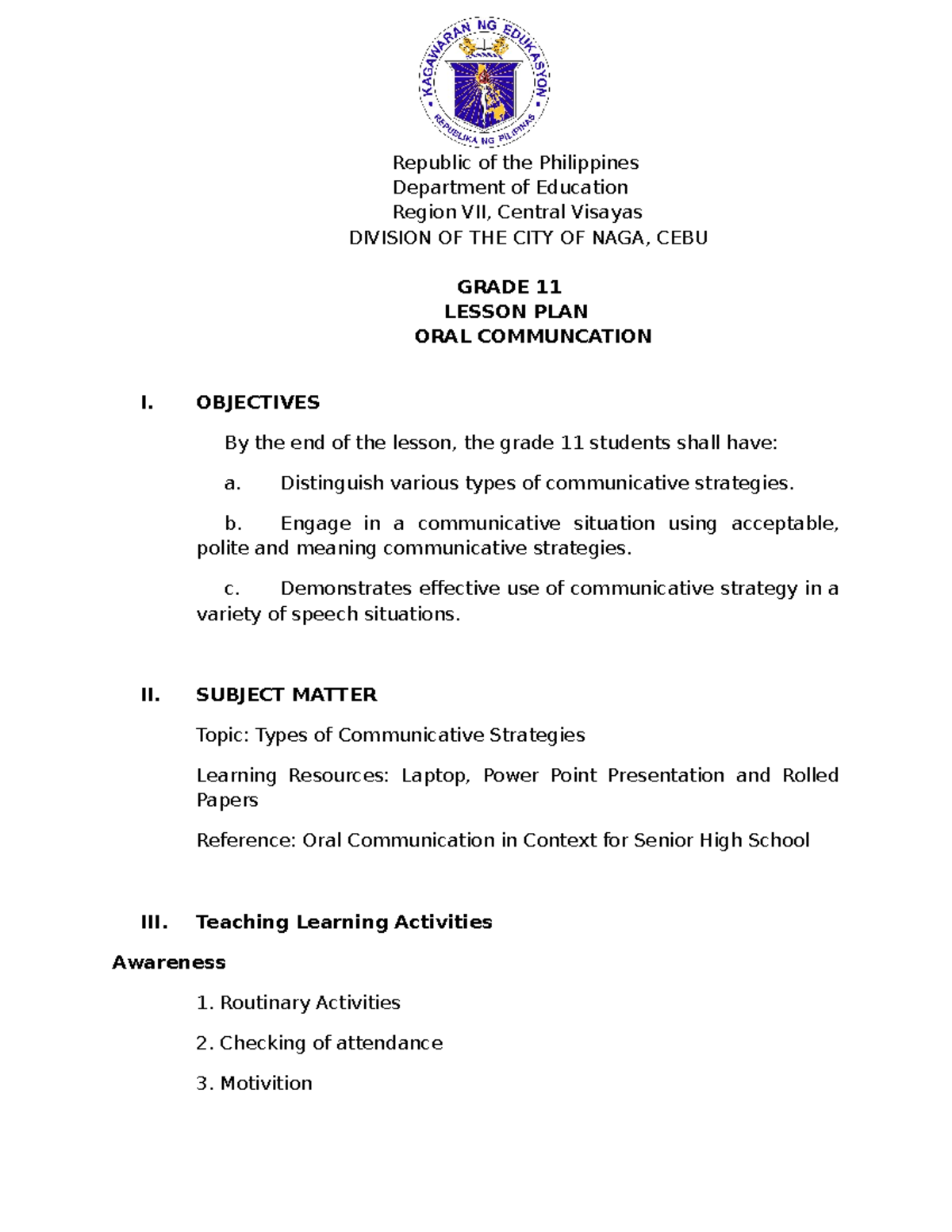 Final LP - Types OF Communicative Strategies Grade 11 - Republic of the ...