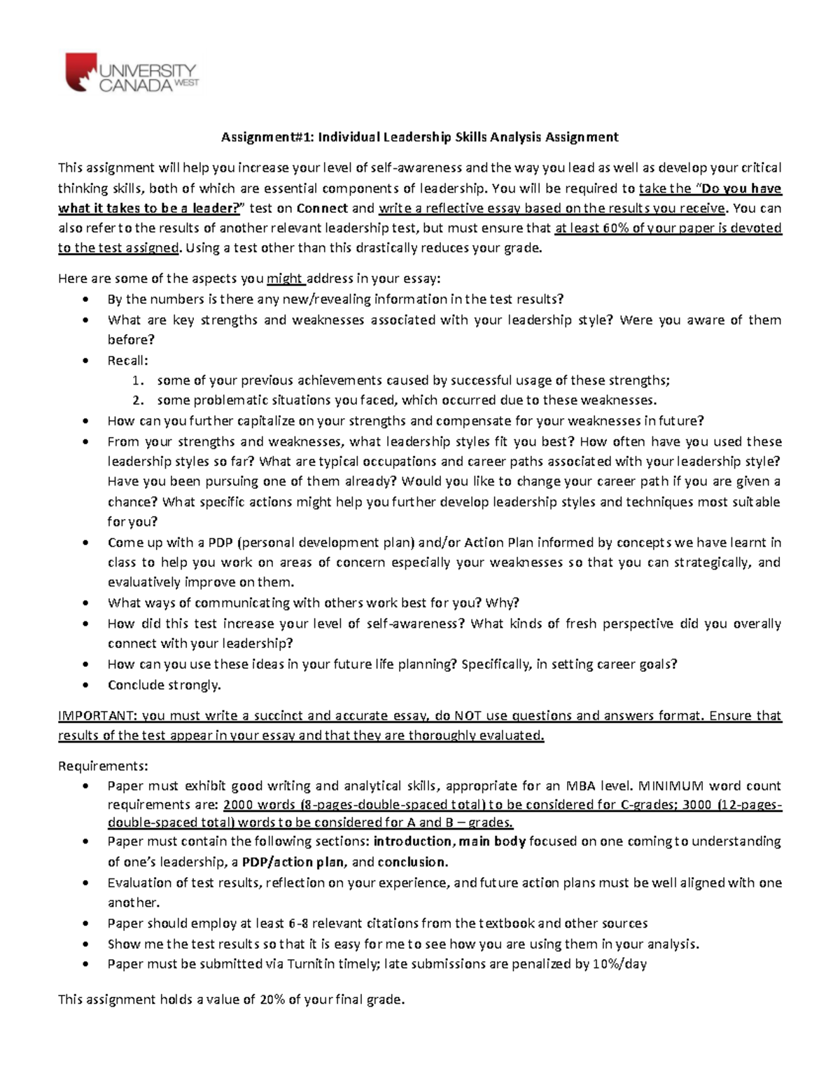 Assignment#1 Individual Leadership Skills Analysis Assignment Winter 2024 - Assignment#1 ...