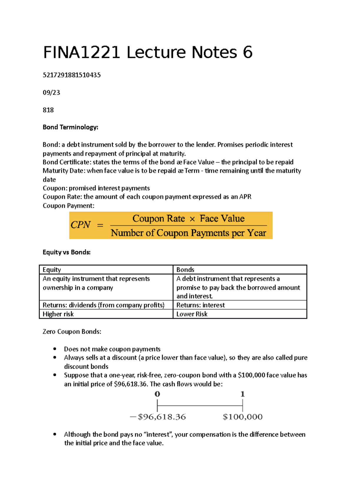 FINA1221 Lecture Notes 6 - Promises periodic interest payments and ...