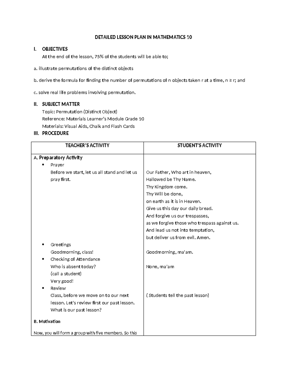 Permutation Distinct DLP - DETAILED LESSON PLAN IN MATHEMATICS 10 I ...