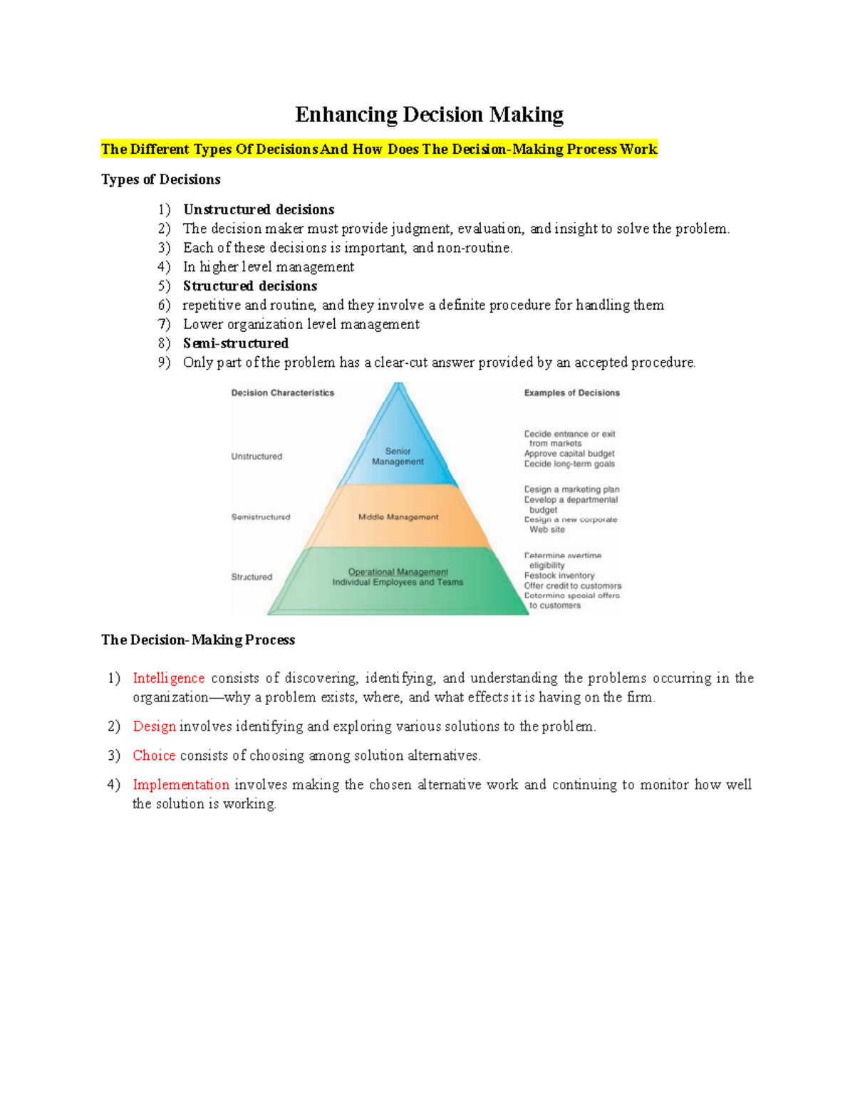 Enhancing Decision Making - Each of these decisions is important, and ...