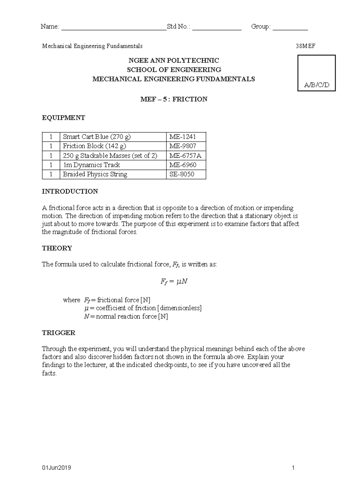 MEF-5 Friction Worksheet - Mechanical Engineering Fundamentals 38MEF ...