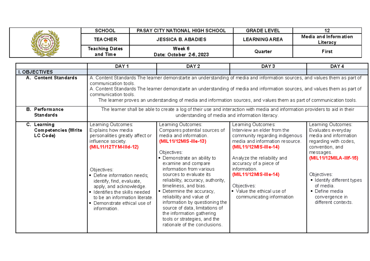 MIL 12 Q1 W6 - English subject - SCHOOL PASAY CITY NATIONAL HIGH SCHOOL ...