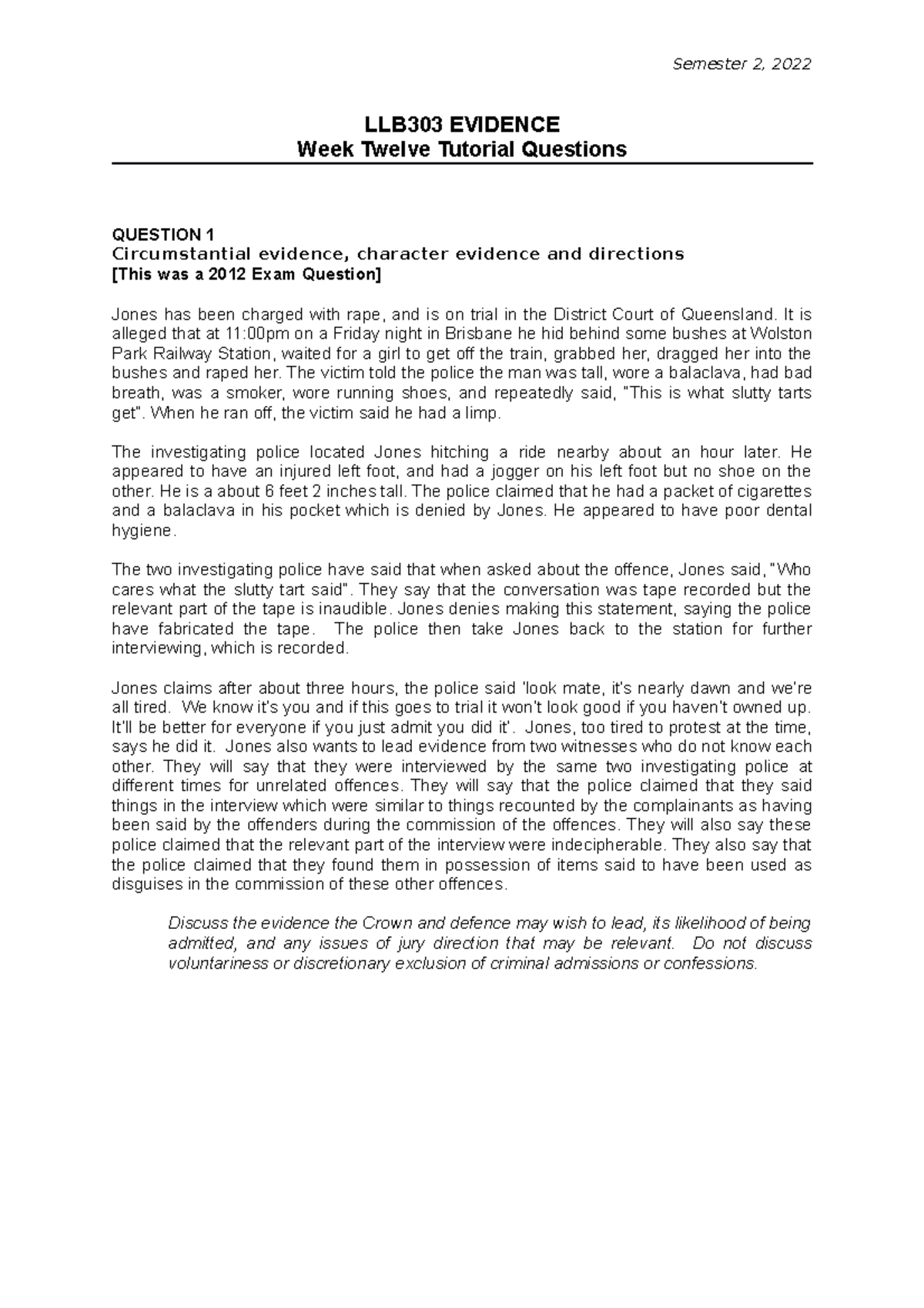 Week 12 Q's - Tutorial - Semester 2, 2022 LLB303 EVIDENCE Week Twelve ...