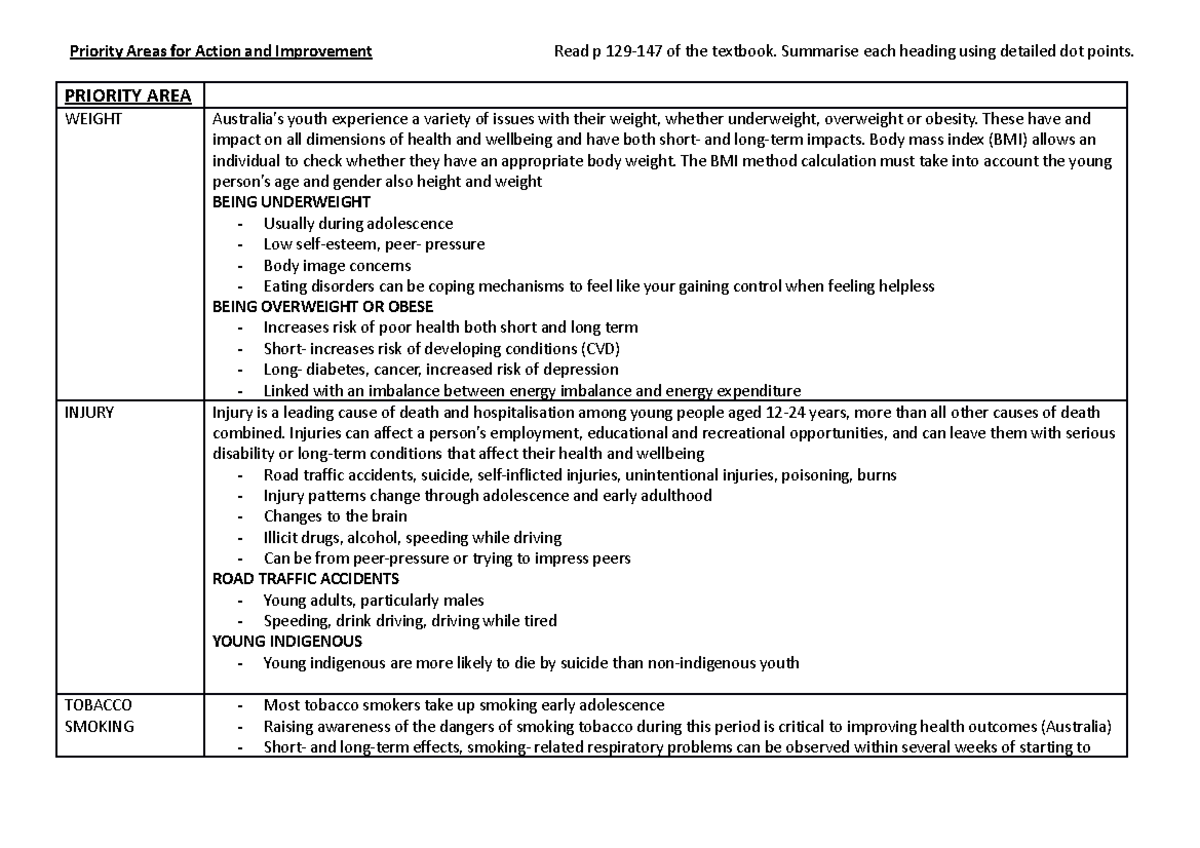 Class Notes Priority Areas for Action and Improvement - Priority Areas ...