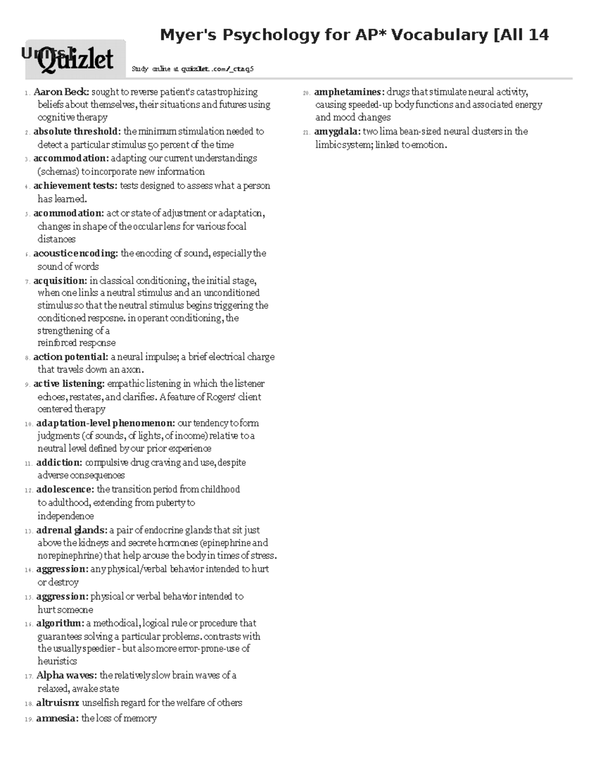 PSYN 101 - Intro To Psych Vocab - Myer's Psychology for AP* Vocabulary ...