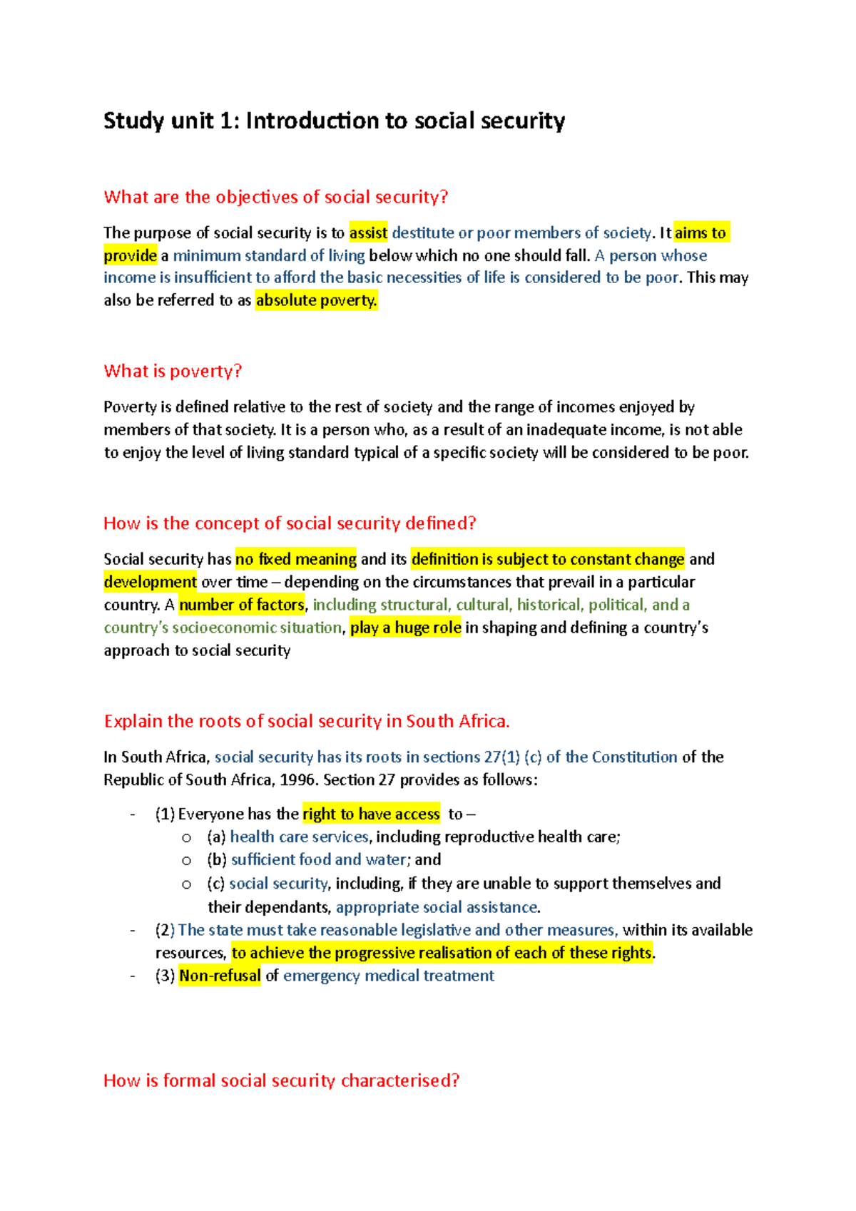 SSL2601 Study UNIT 1 Introduction to Social Security - Study unit 1 ...