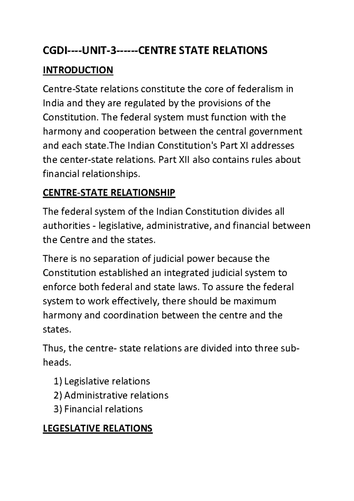 CGDI-UNIT3- Centre State Relations - CGDI-UNIT-3-CENTRE STATE RELATIONS ...