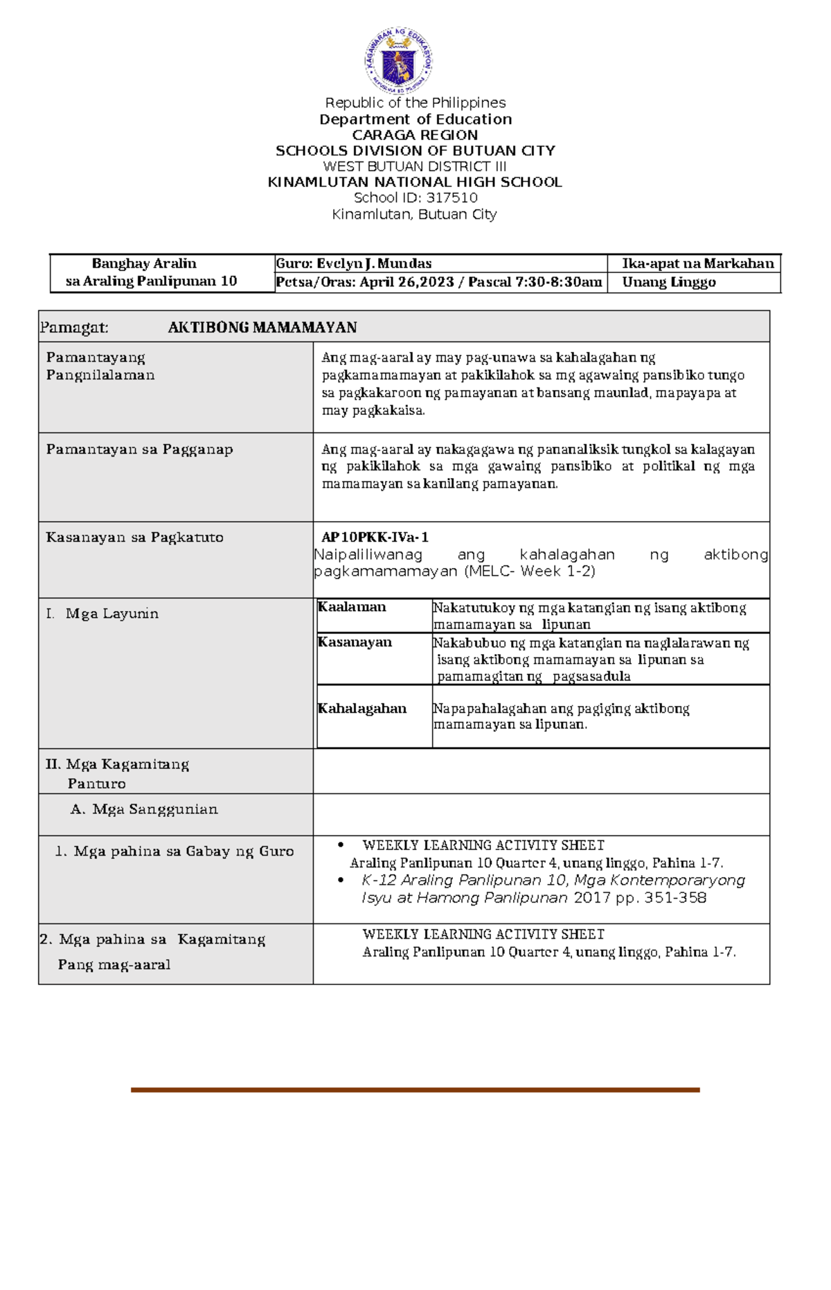 Daily lesson Plan for 4th quarter class observation - Republic of the ...