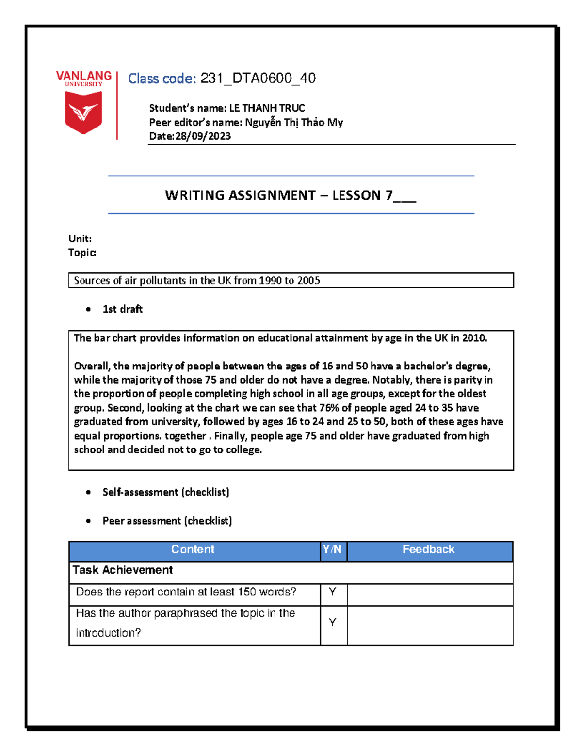 Writing lesson 7 - Anh văn 7 - Class code: 231_DTA0600_ Student’s name ...
