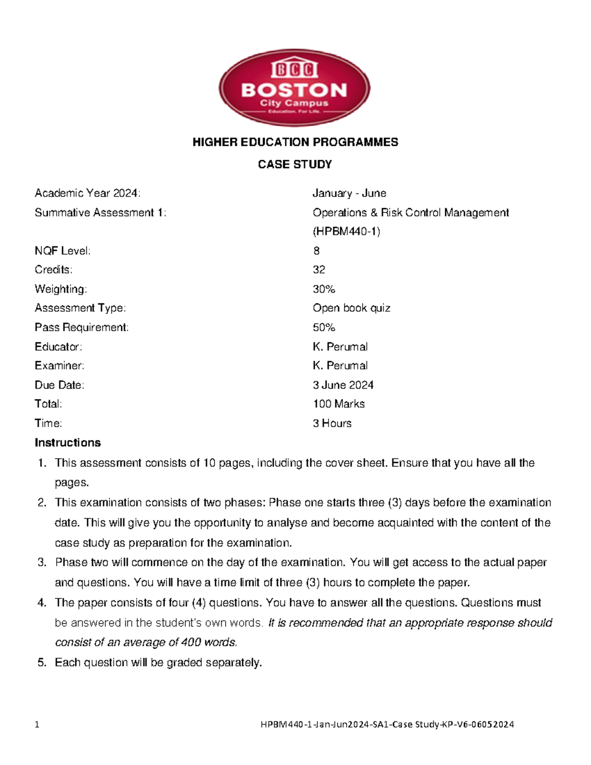 operations and risk management HPBM440-1-Jan-Jun2024-SA1-Case Study - HIGHER EDUCATION ...