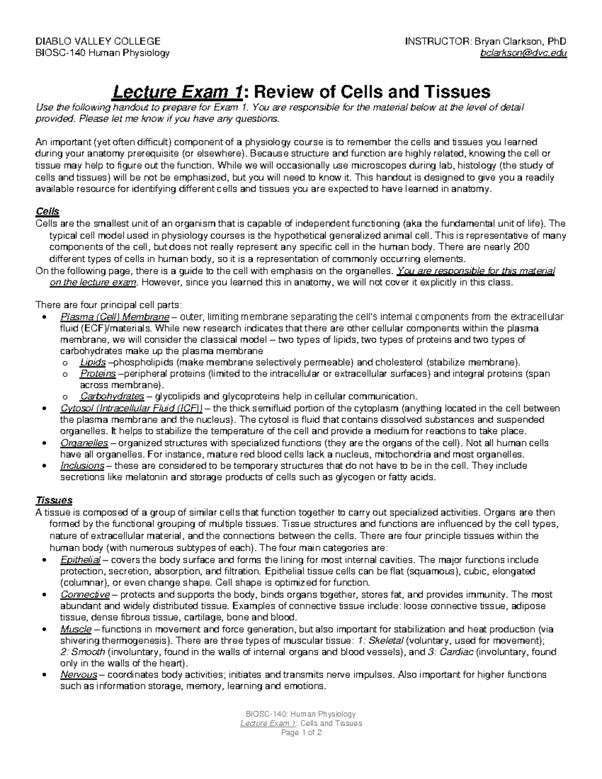 E1h3 biosc 140 exam01 cells And Tissues - DIABLO VALLEY COLLEGE ...