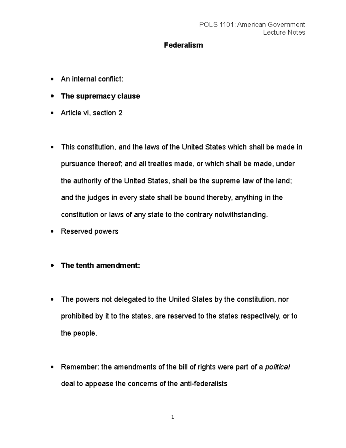 2021 POLS 1101 American Government Lecture Notes Constitution ...