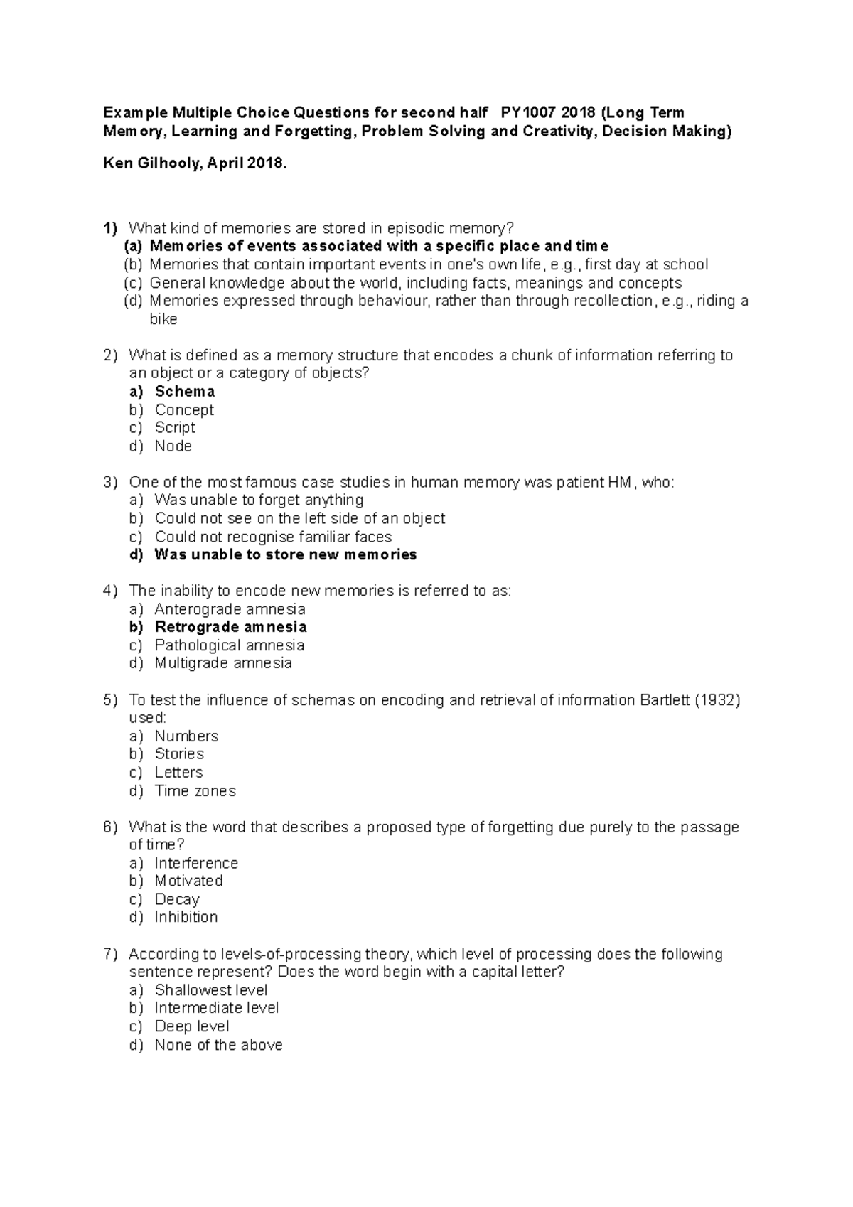 Exam 2018, questions - Example Multiple Choice Questions for second ...