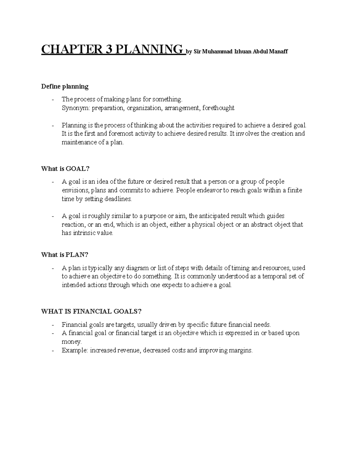 Chapter 3 Planning - CHAPTER 3 PLANNING by Sir Muhammad Izhuan Abdul ...